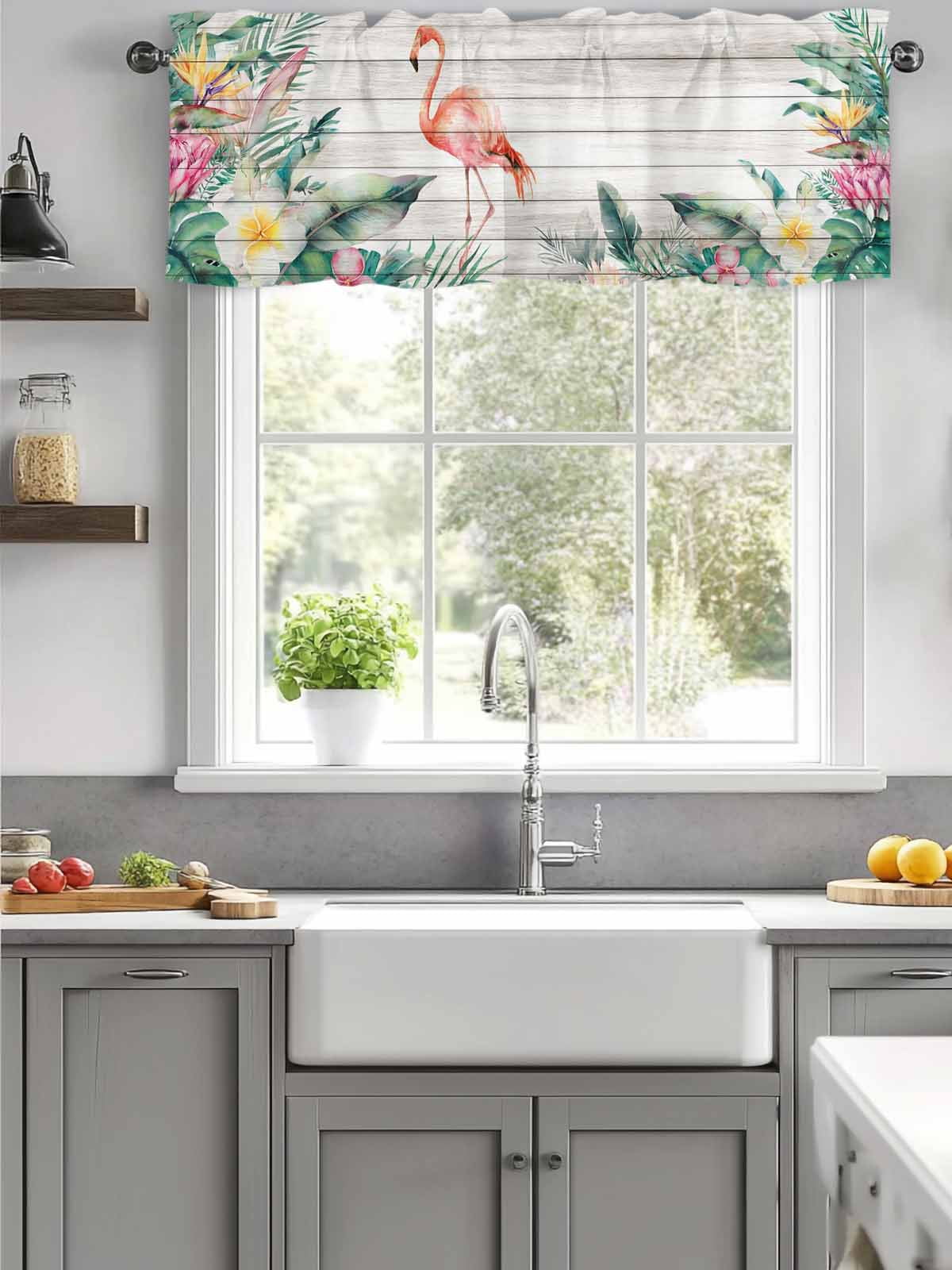 Curtain Valances for Kitchen,Watercolor Flamingo Bird Flower Window ...
