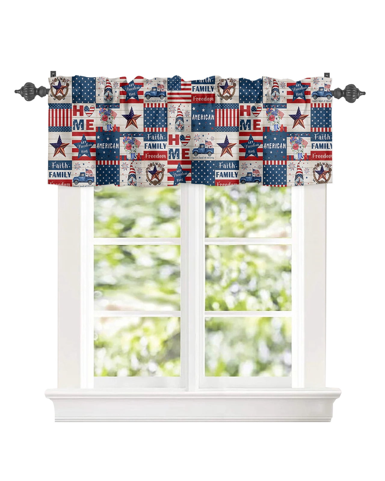 Curtain Valances for Kitchen Windows Independence Day Stars Gnomes Blue ...