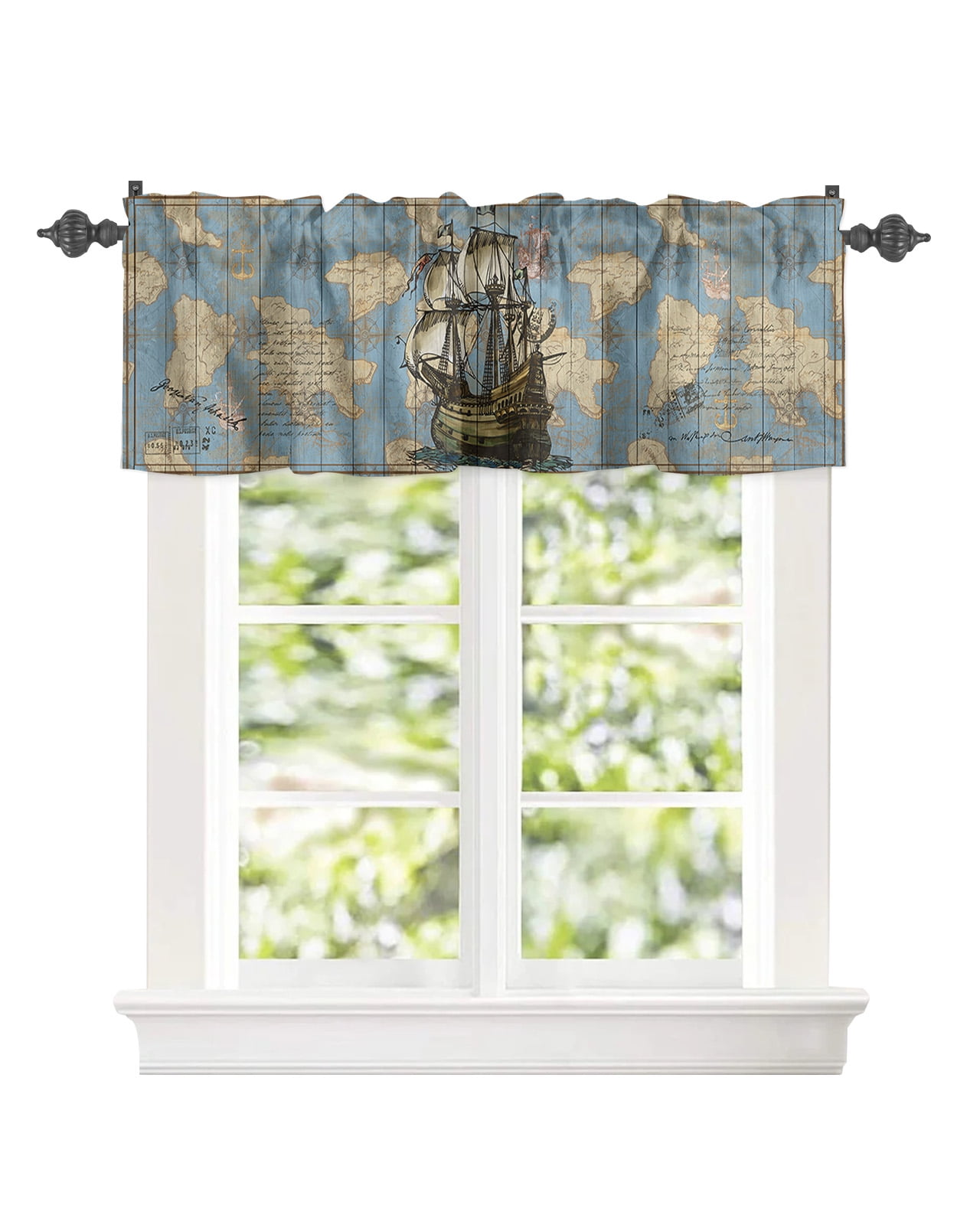 Curtain Valances for Kitchen Windows Retro Ship Map Anchor Voyage ...