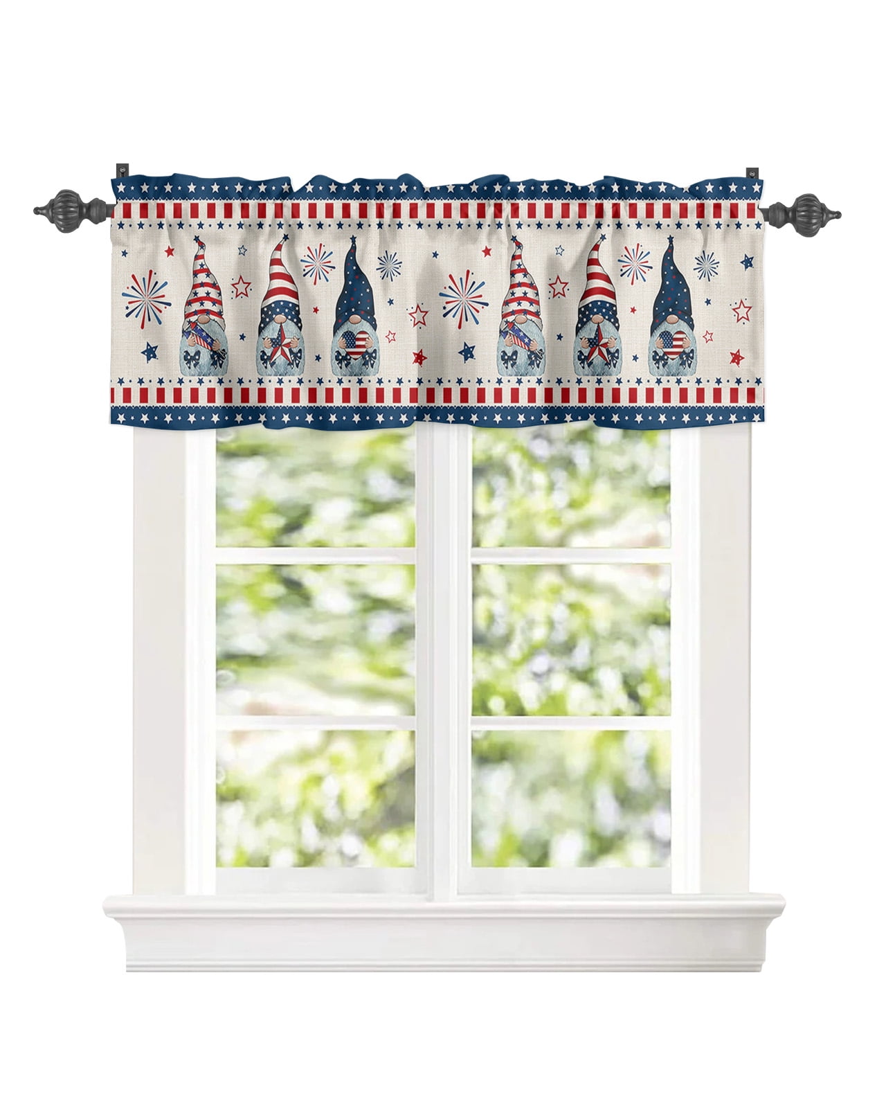 Curtain Valances for Kitchen Windows USA Flag Gnome Stripes and Stars ...