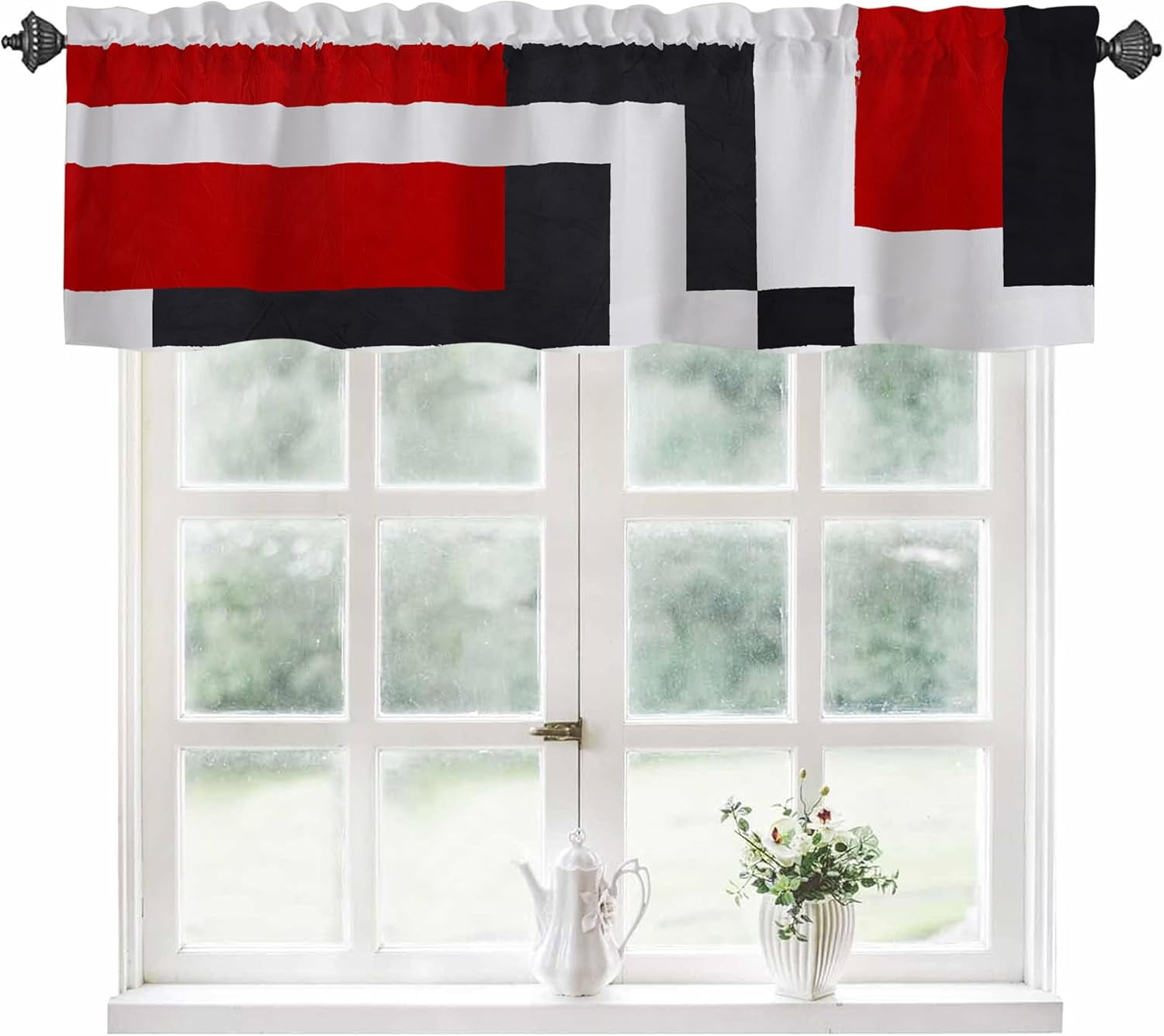 Curtain Valances for Windows,Red and Black Geometric Shapes Semi Sheer ...