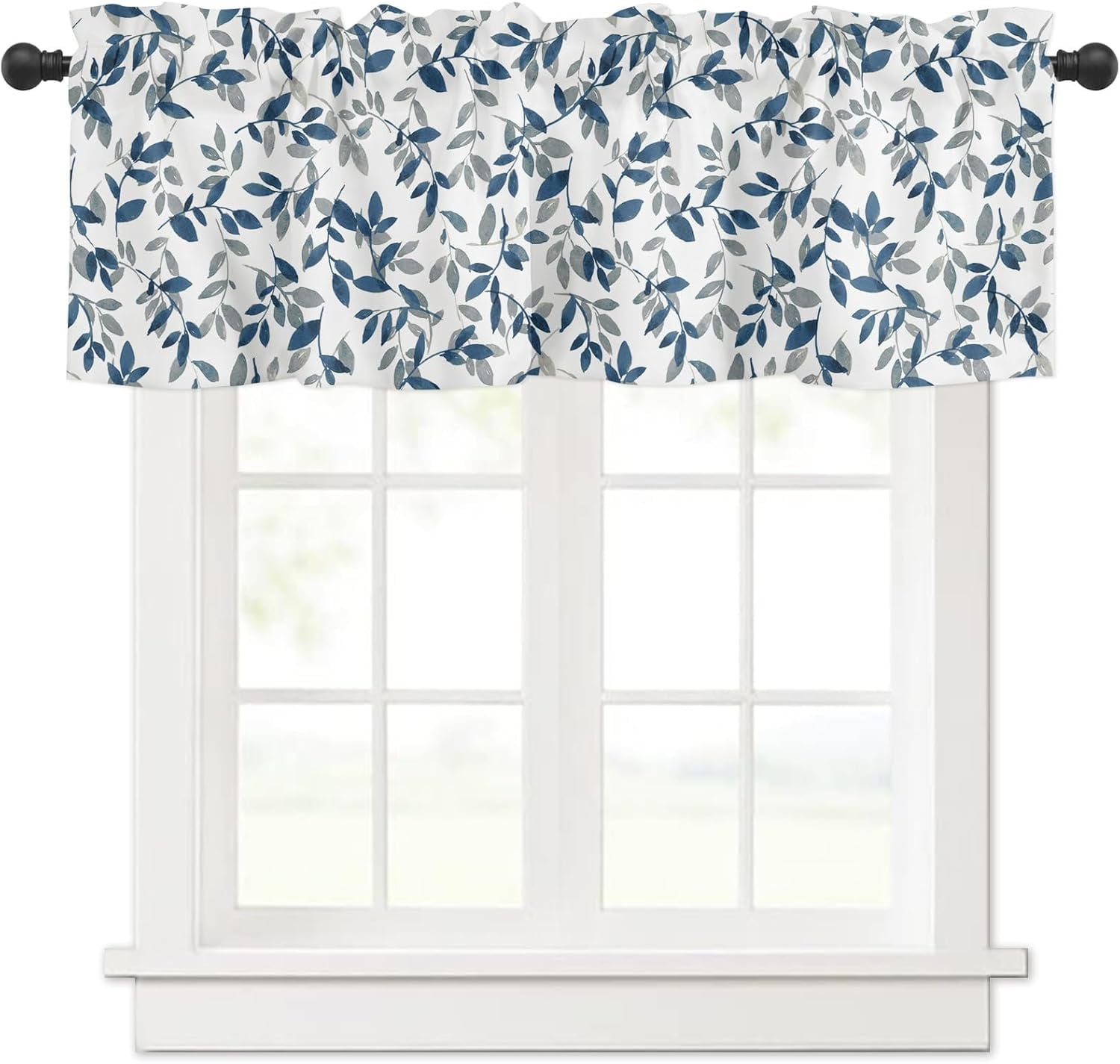 Curtain Valances for Windows,Watercolor Blue and Grey Leaves Semi Sheer ...
