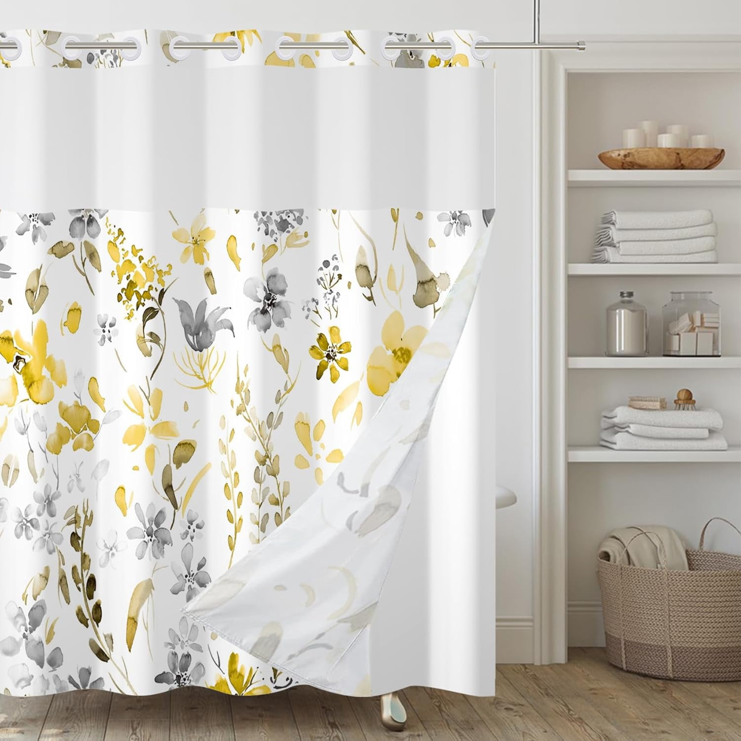 Curtain,Yellow Gray Floral Double-Layered Shower Curtain with Snap-in ...