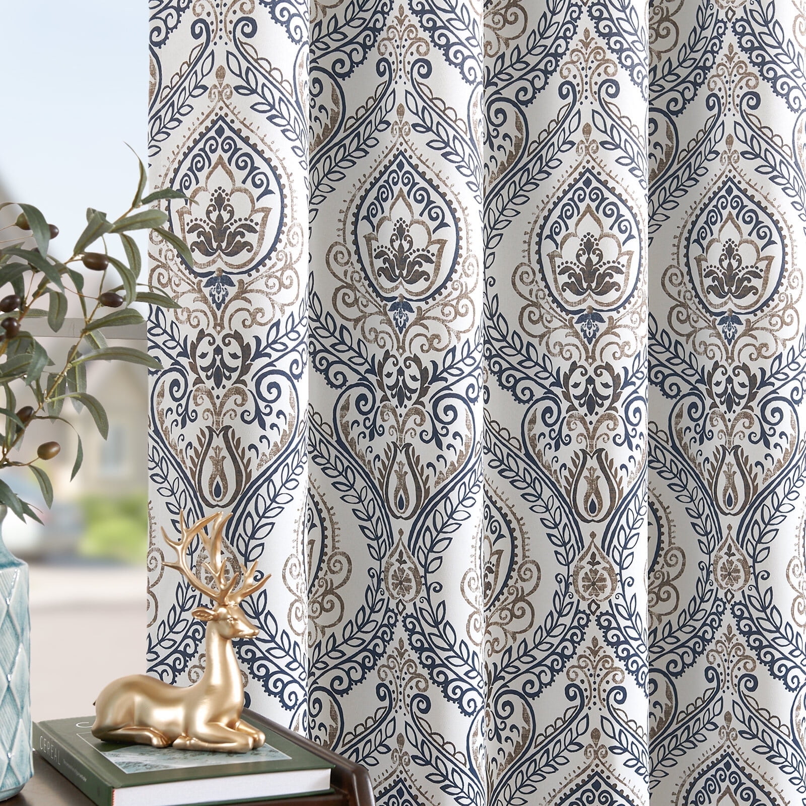 Curtainking 100% Blackout Curtains, 63in 2 Panels, Blue Damask ...