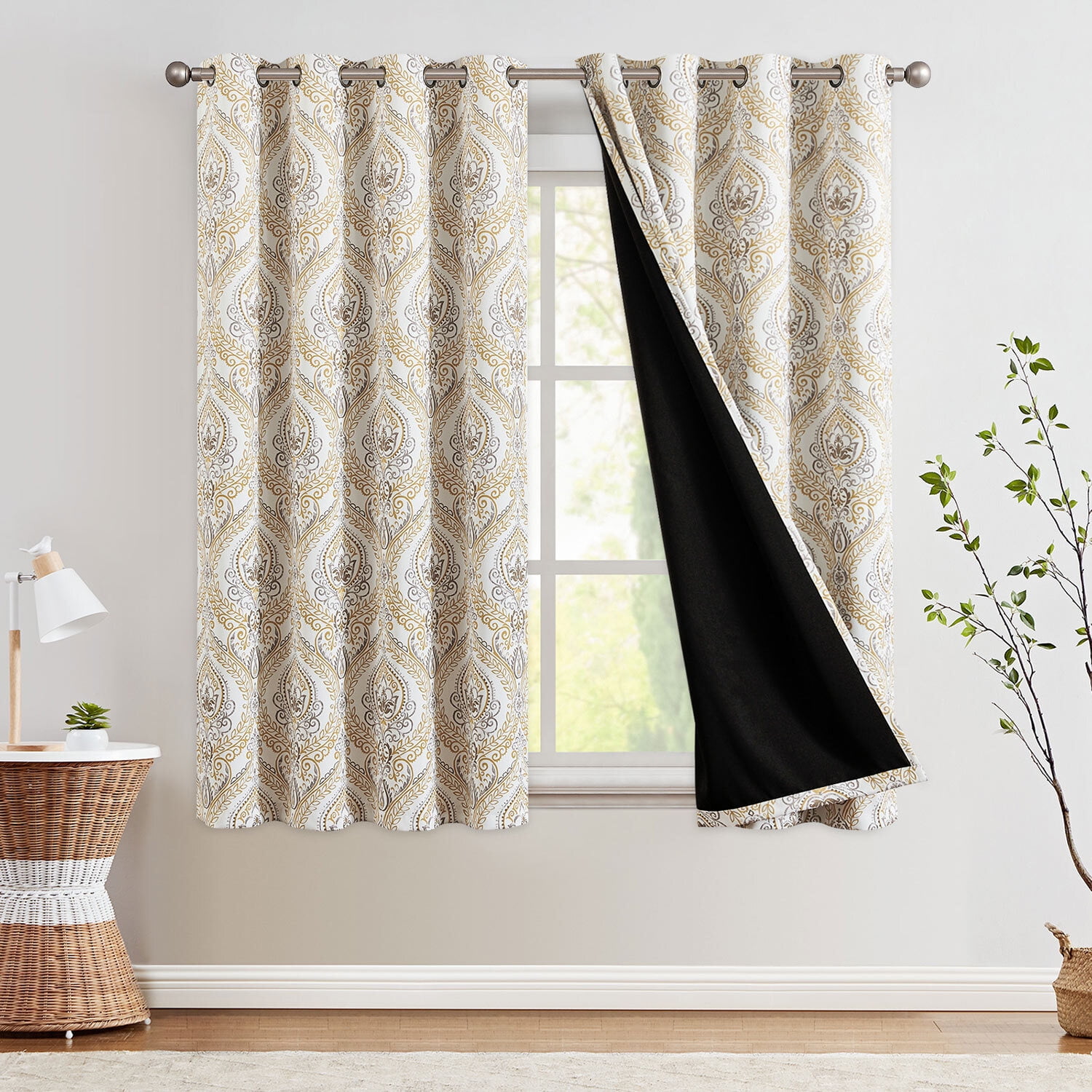 Curtainking 100% Blackout Curtains 63 in 2 Panels Yellow Damask ...