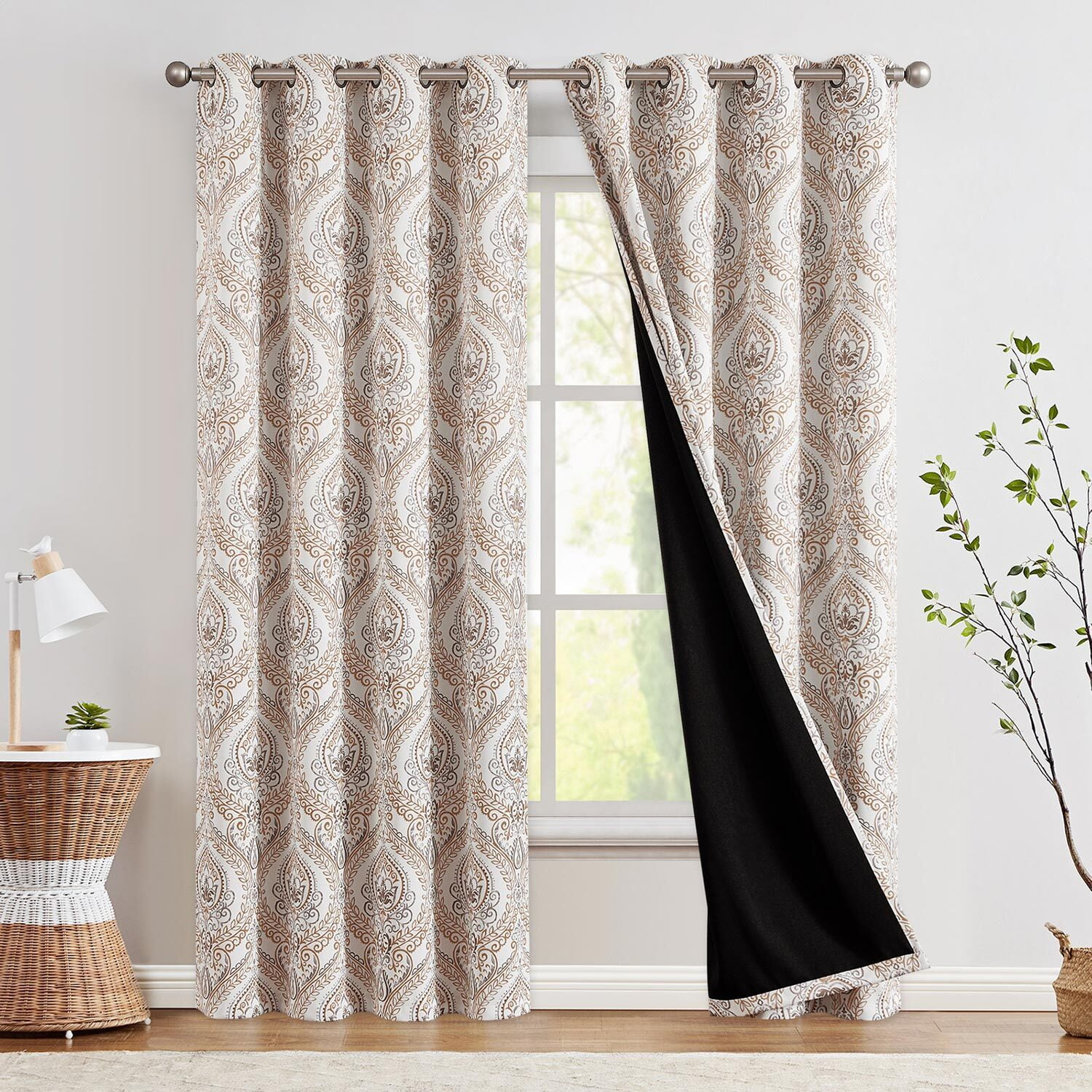 Curtainking 100% Blackout Damask Curtains 84 in, Insulated Drapes for Bedroom & Living Room, Set ...