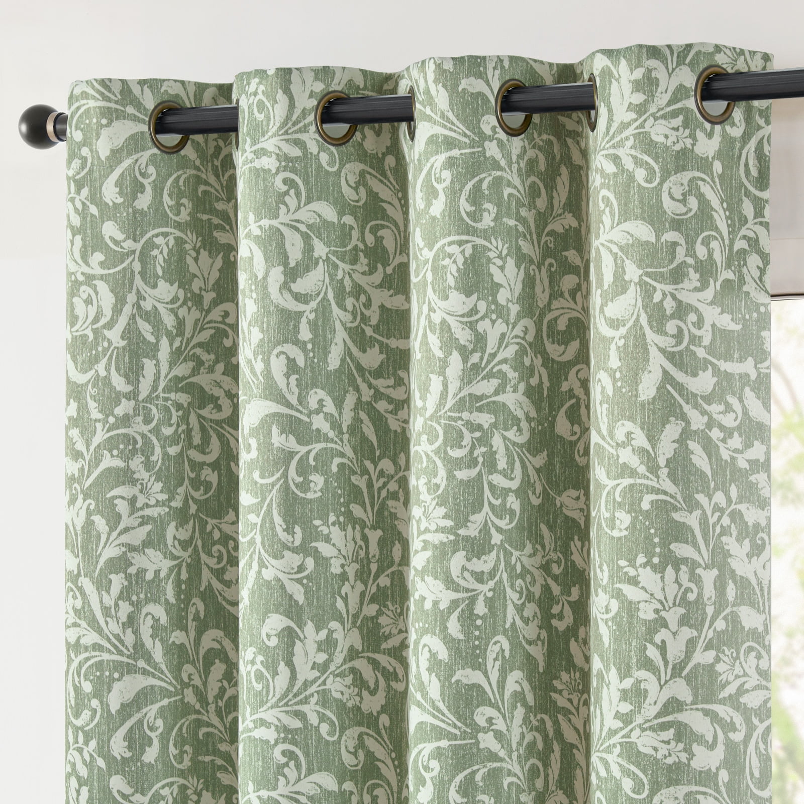 Curtainking 100% Blackout Curtains for Bedroom Green Scroll Floral ...