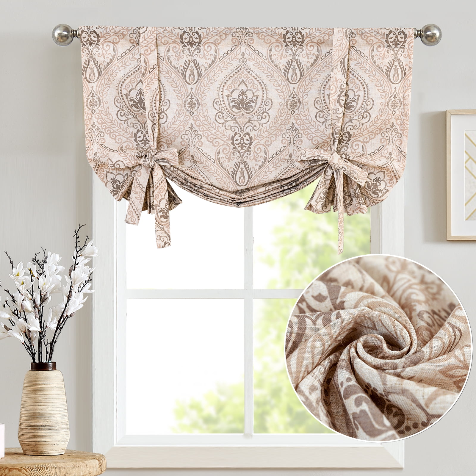 Curtainking 42x54 inch Tie Up Valance Damask Linen Valance for Kitchen ...