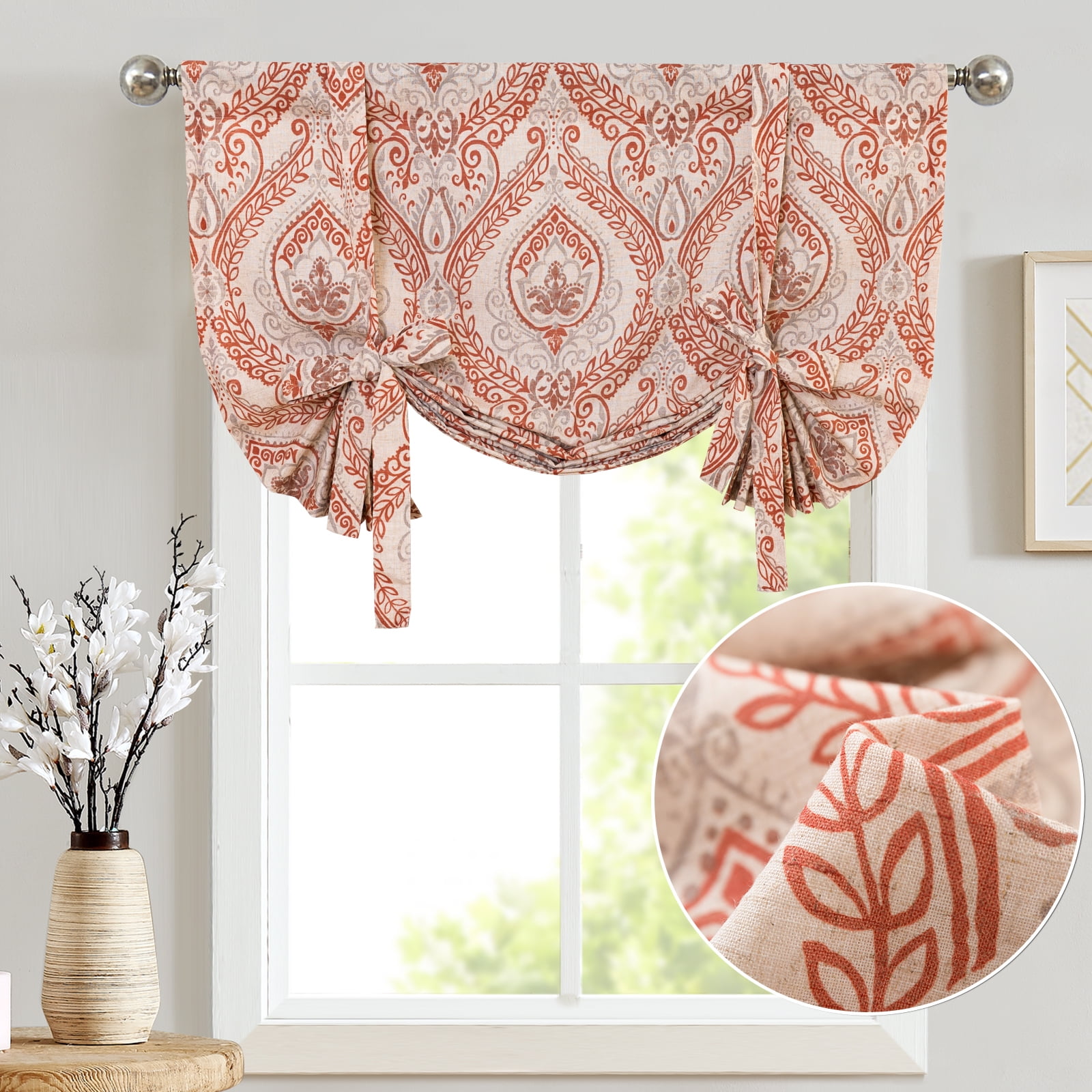 Curtainking 54 inch Tie Up Valance Damask Linen Valance for Kitchen ...