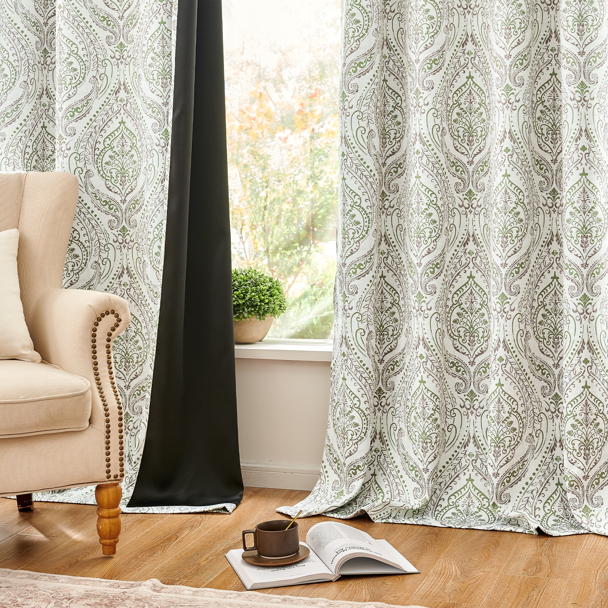 Curtainking Blackout Curtains 52" x 84" Green Damask Thermal Insulated ...