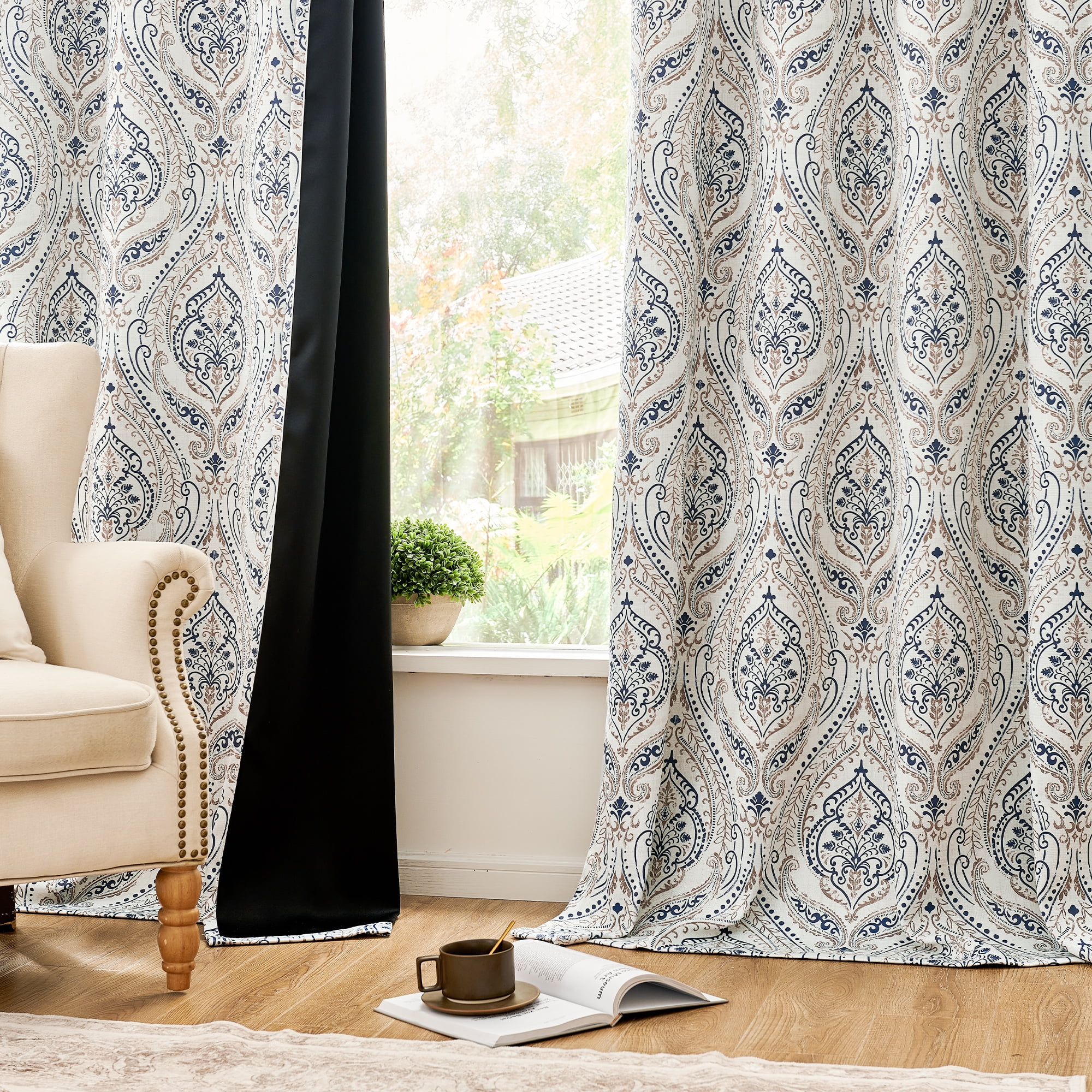 Curtainking Blackout Curtains 52" x 96" Blue Damask Thermal Insulated ...
