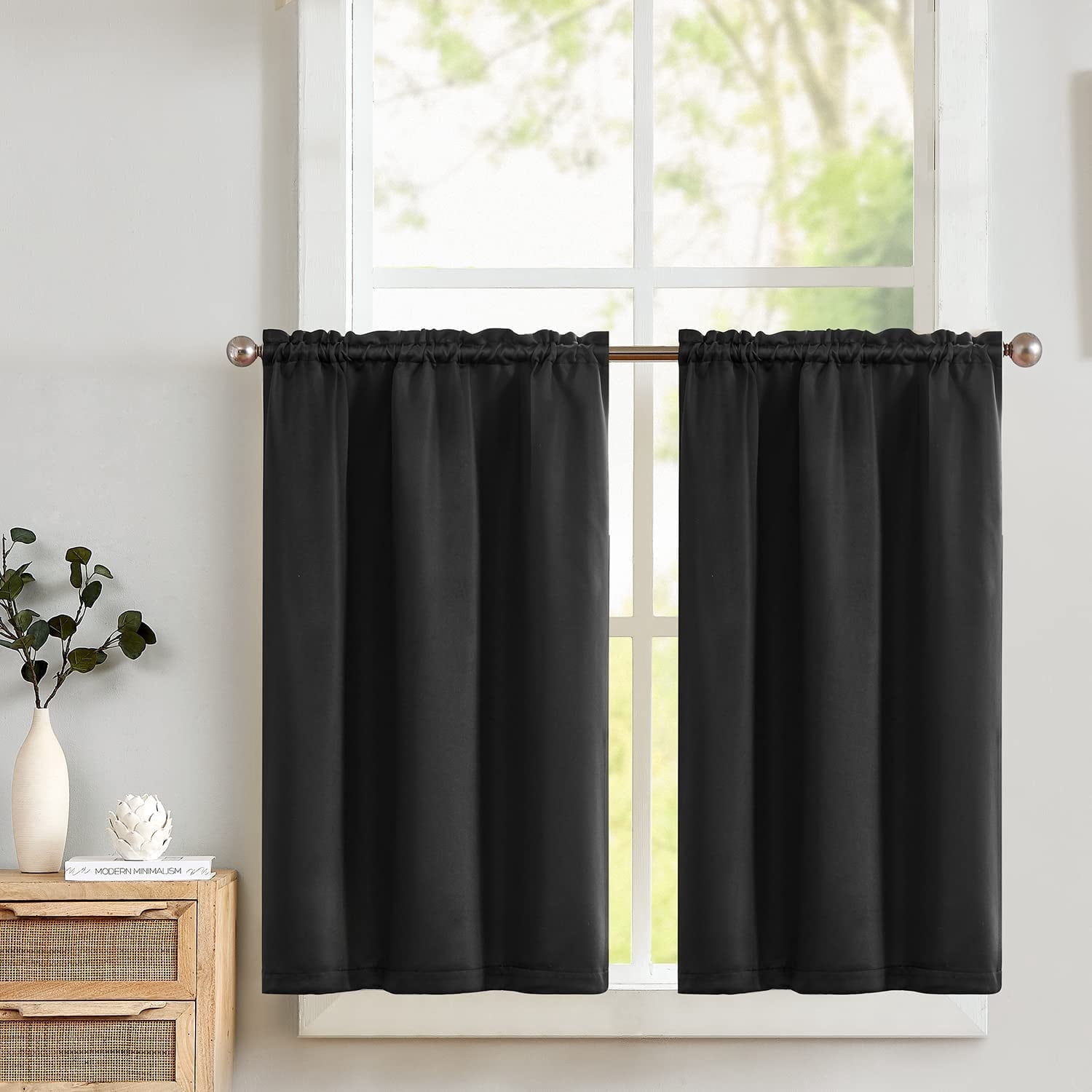 Curtainking, Blackout Kitchen Curtains, W34 x L36, Solid Black ...