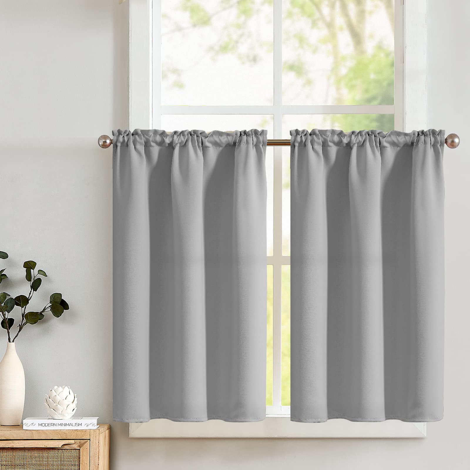 Curtainking 34x45 Inch Solid Rod Pocket Blackout Kitchen Curtains, Grey ...
