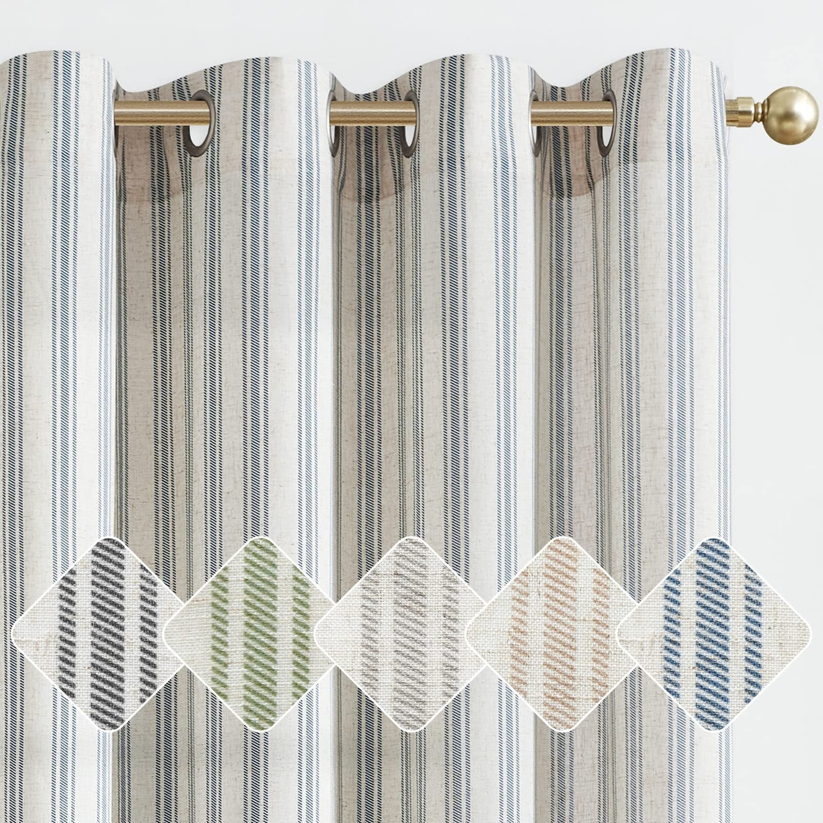 Curtainking Blue Striped Curtains Linen Farmhouse Living Room Curtains ...