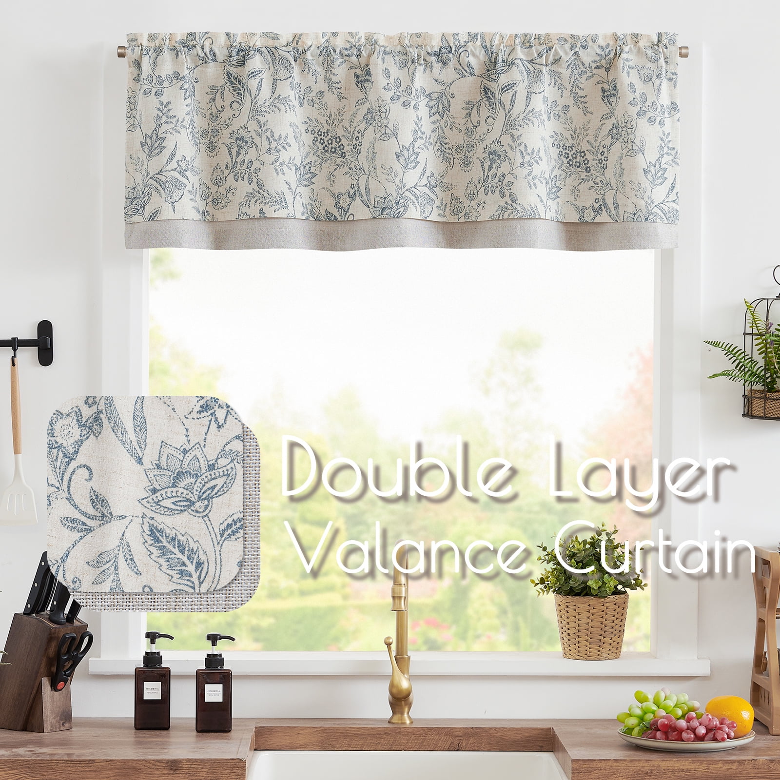 Curtainking Double Layer Kitchen Valance 50x16 inch Farmhouse Floral ...