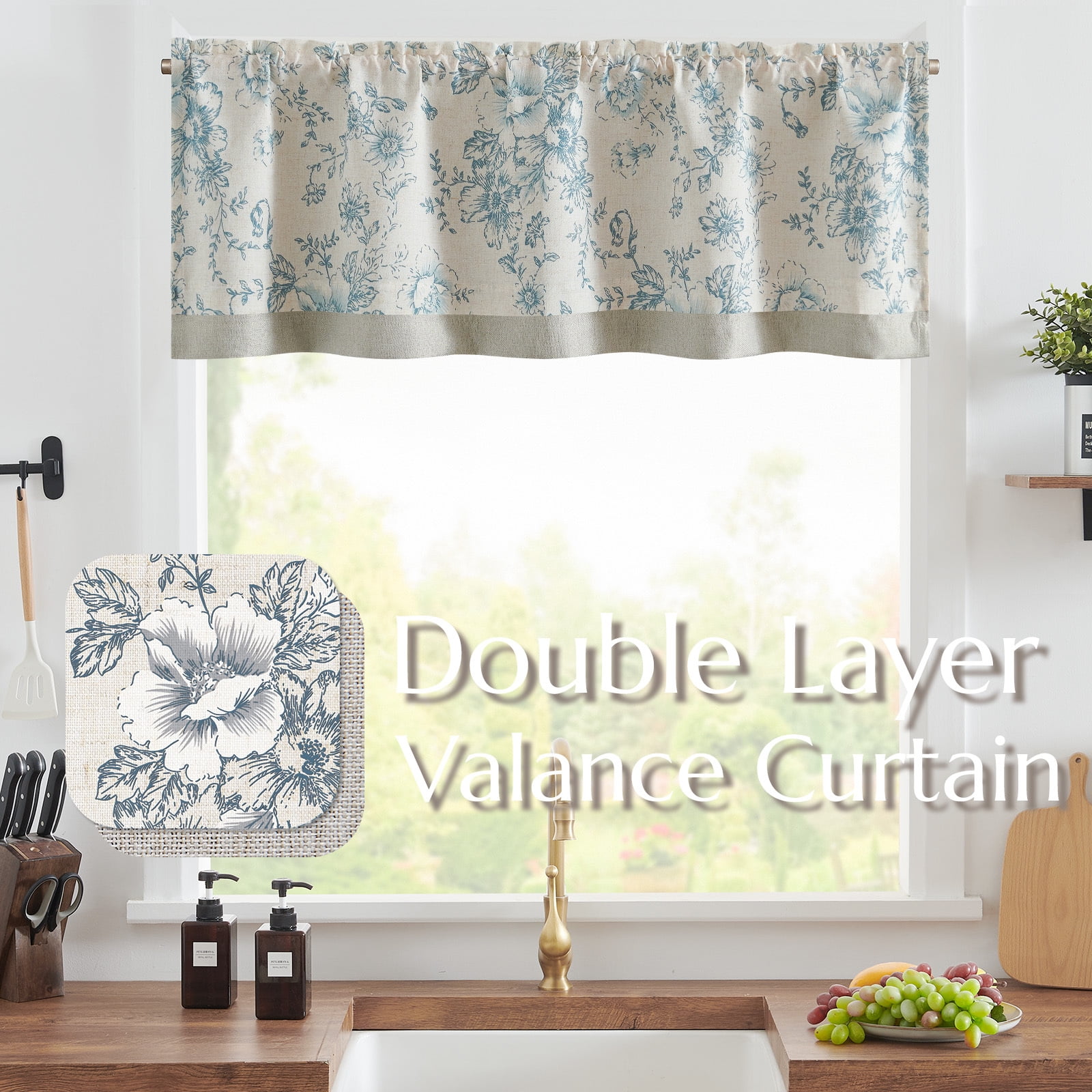 Curtainking Farmhouse Linen Valance Double Layer Kitchen Valance Blue ...