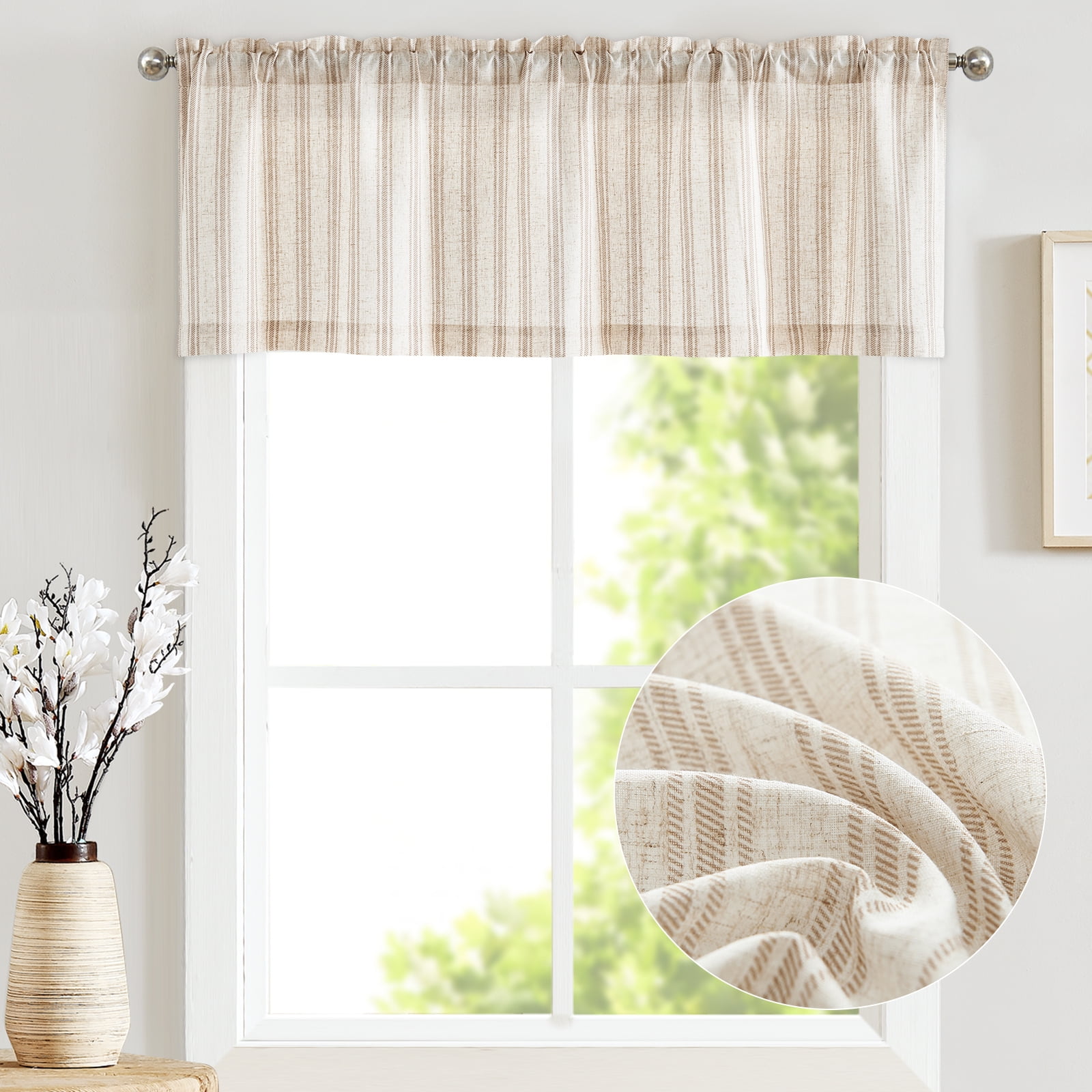 Curtainking Farmhouse Striped Valance, Semi-Sheer Flax Linen, Light ...