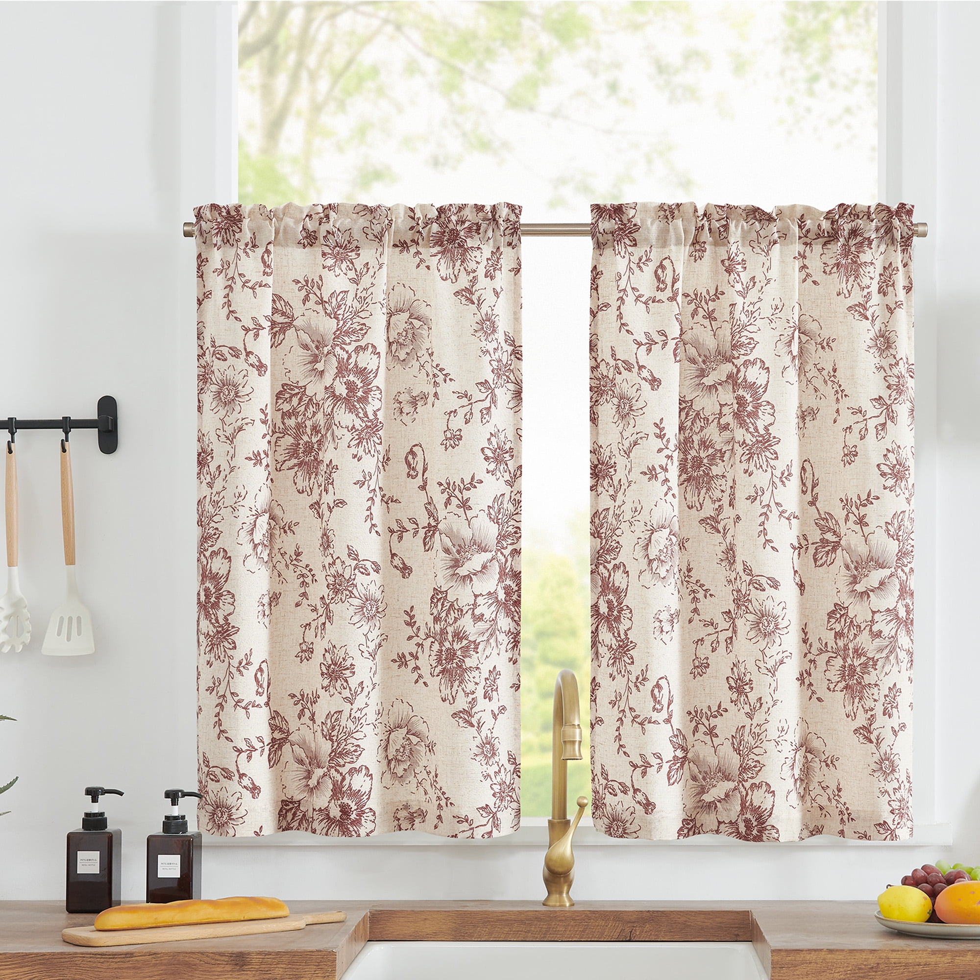 Curtainking Floral Kitchen Curtains Linen Cafe Curtains Red Flower ...