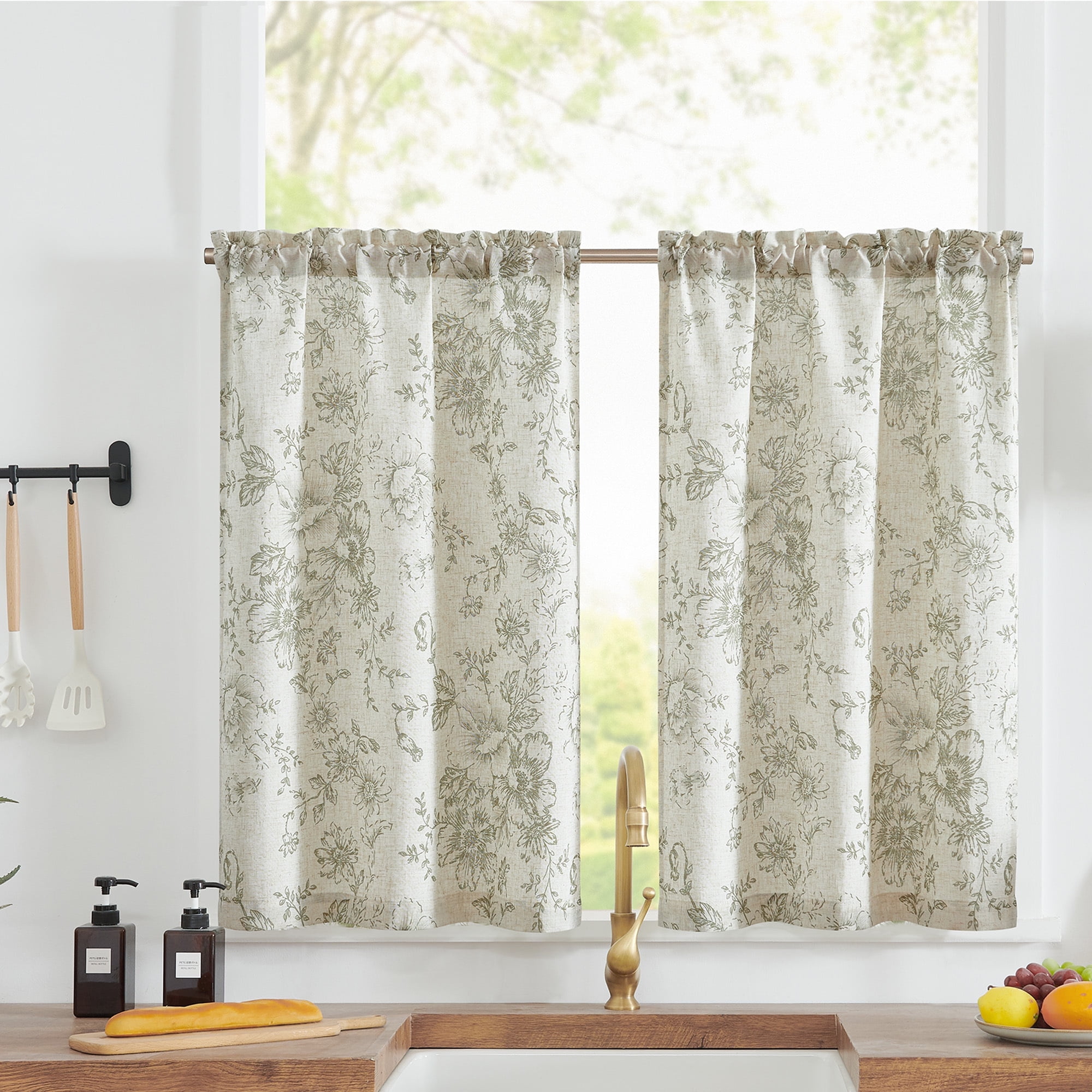 Curtainking Floral Kitchen Curtains Linen Cafe Curtains Sage Flower ...