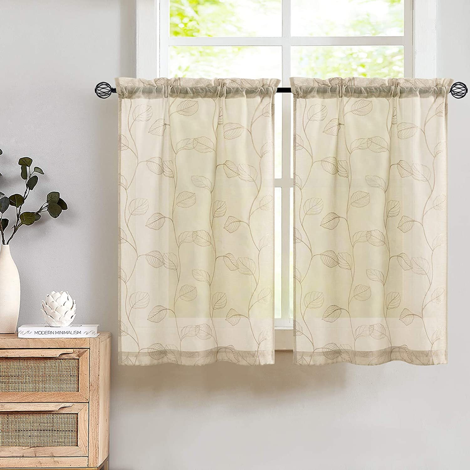 Curtainking 26x36 inch Leaf Embroidered Sheer Kitchen Curtains, Café ...
