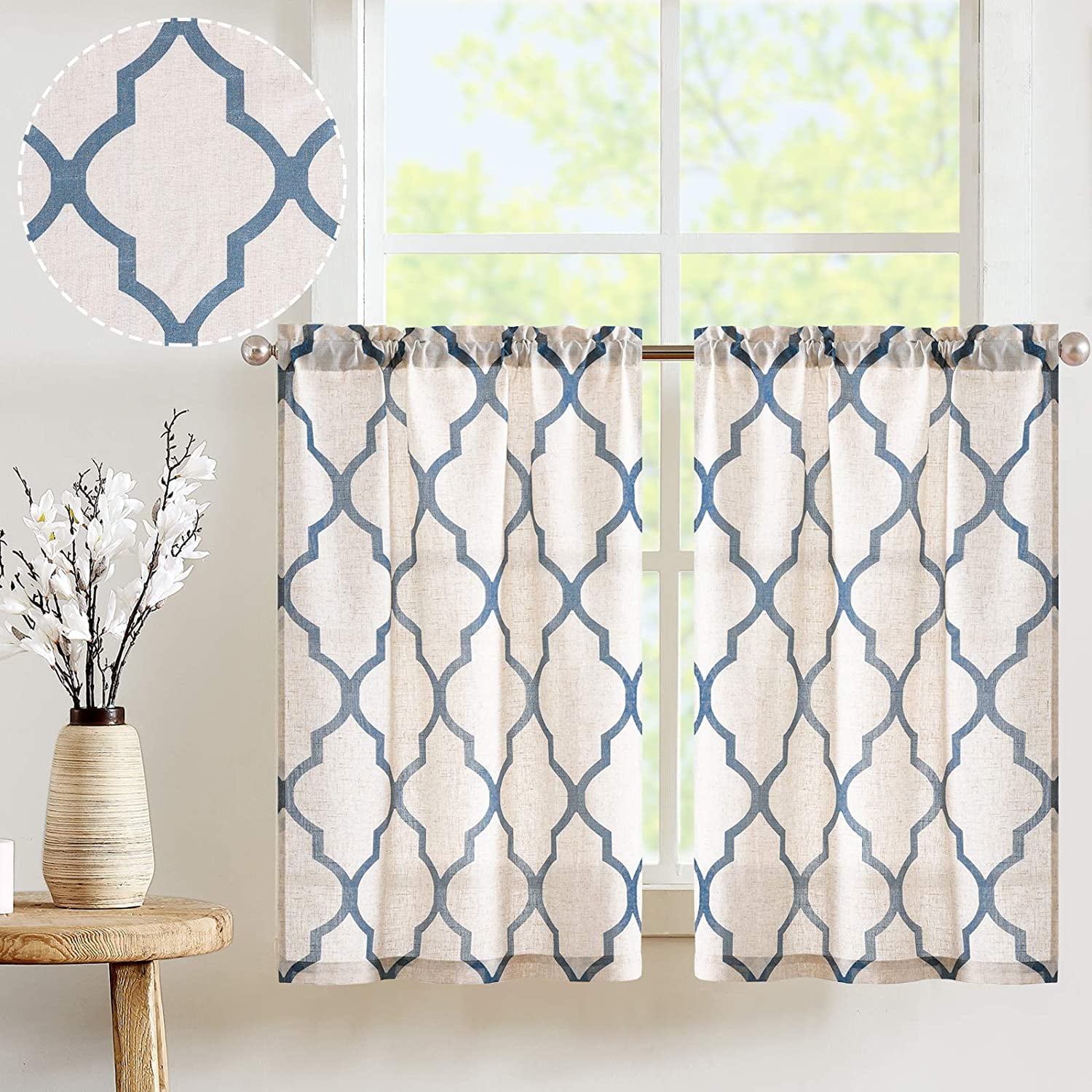 Curtainking Modern Moroccan Tile Print Kitchen Curtains, 36 Inch Blue ...
