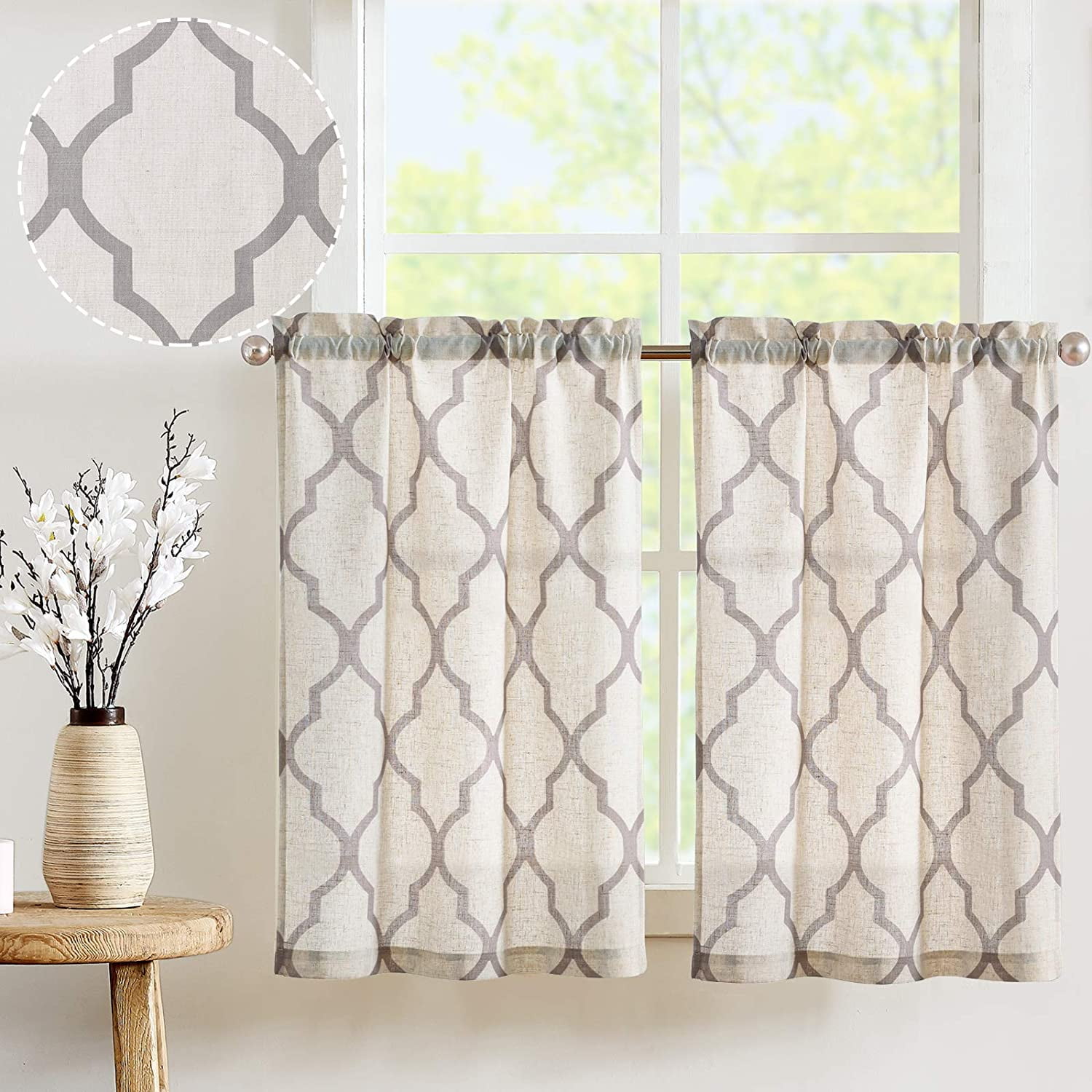 Curtainking: Moroccan Tile Print Kitchen Curtains, 26x24 inch, Gray on ...