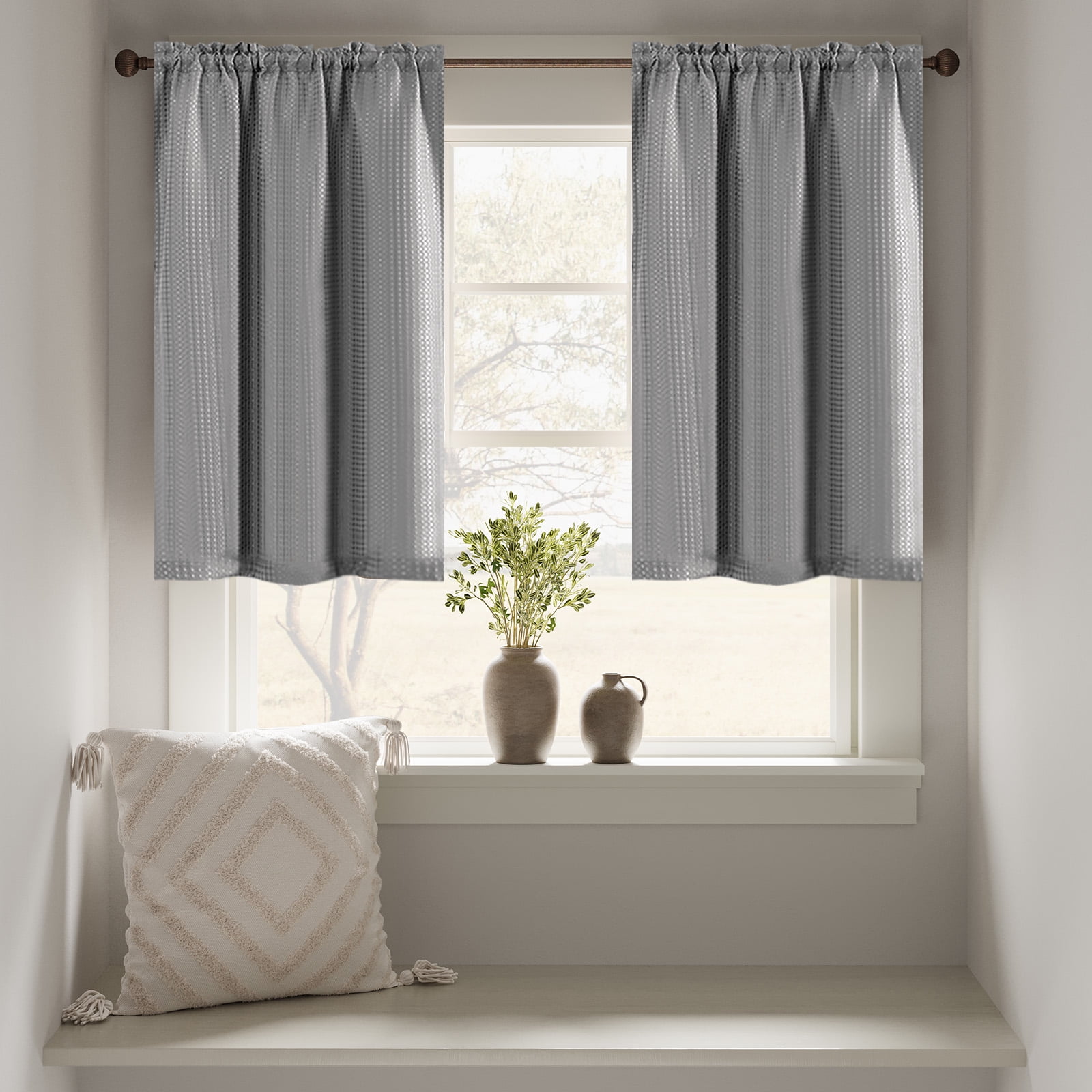 Curtainking Grey Kitchen Curtains, Waffle Textured, 36x24 Inch, 2 ...