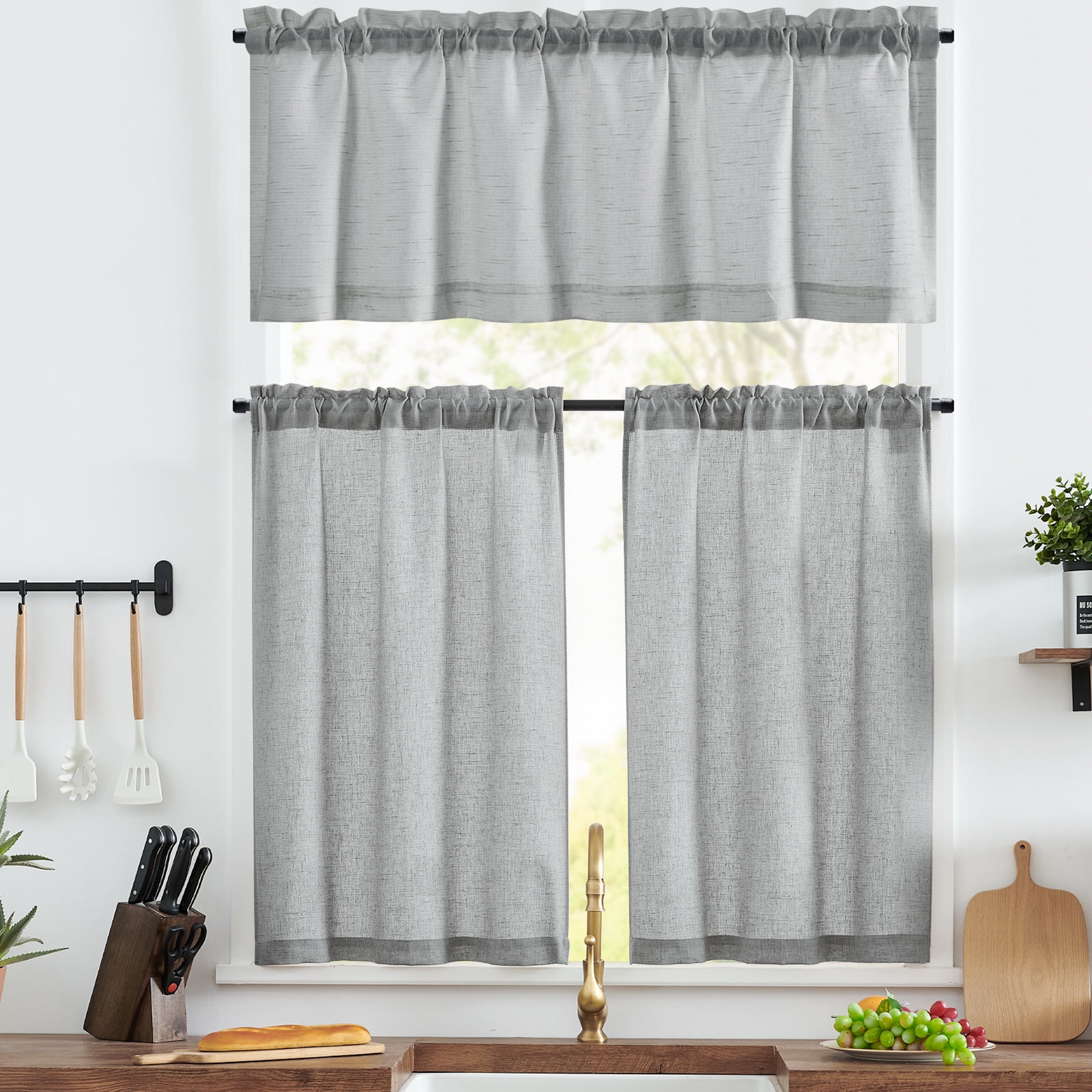Curtainking Grey Linen Semi-Sheer Kitchen Cafe Curtains 3-Piece Rod ...
