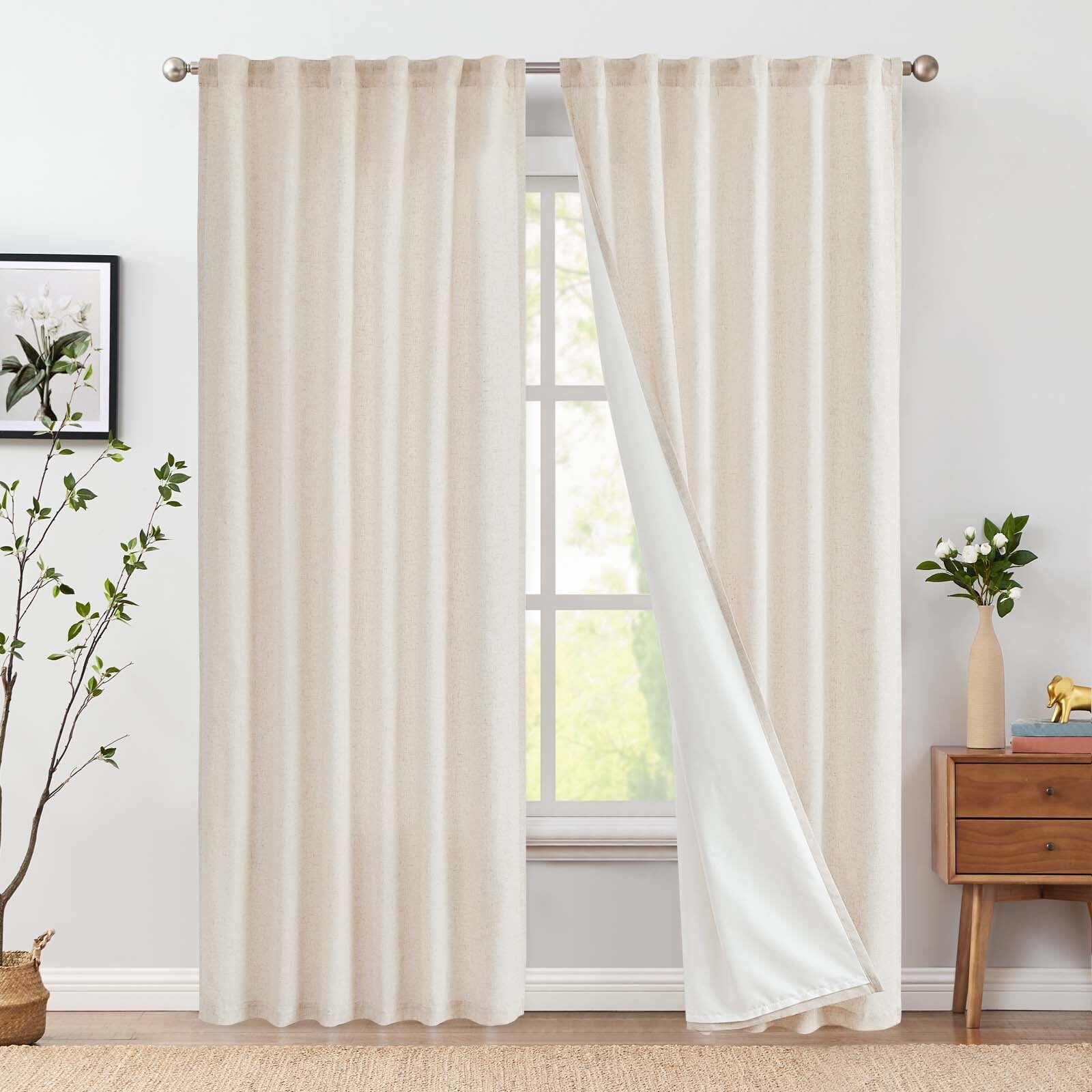 Curtainking Natural Flax Linen Curtains, 84 Inch, Light Filtering, Rod ...