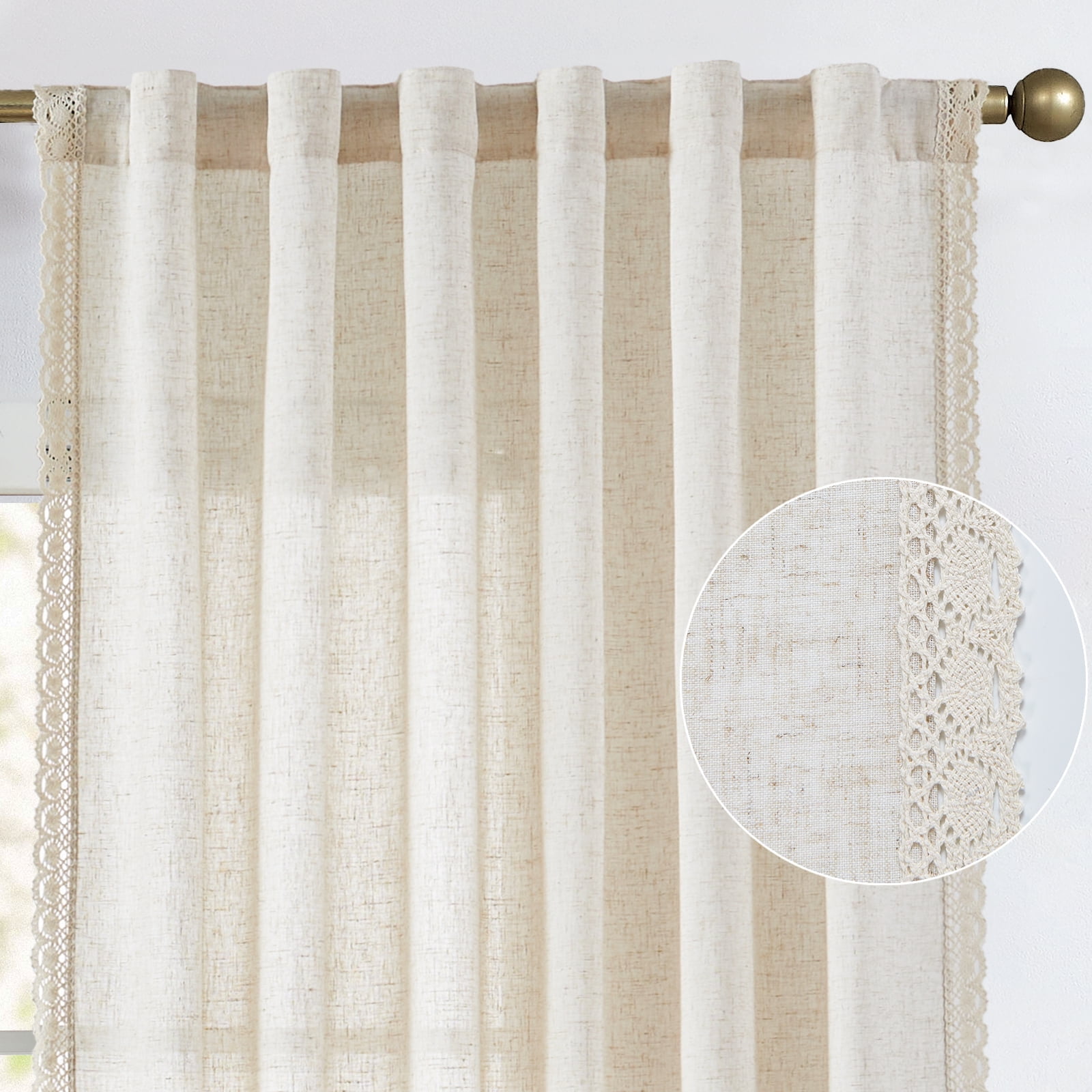Curtainking Beige Linen Curtains, Lace Trim, 90-Inch, Light Filtering ...