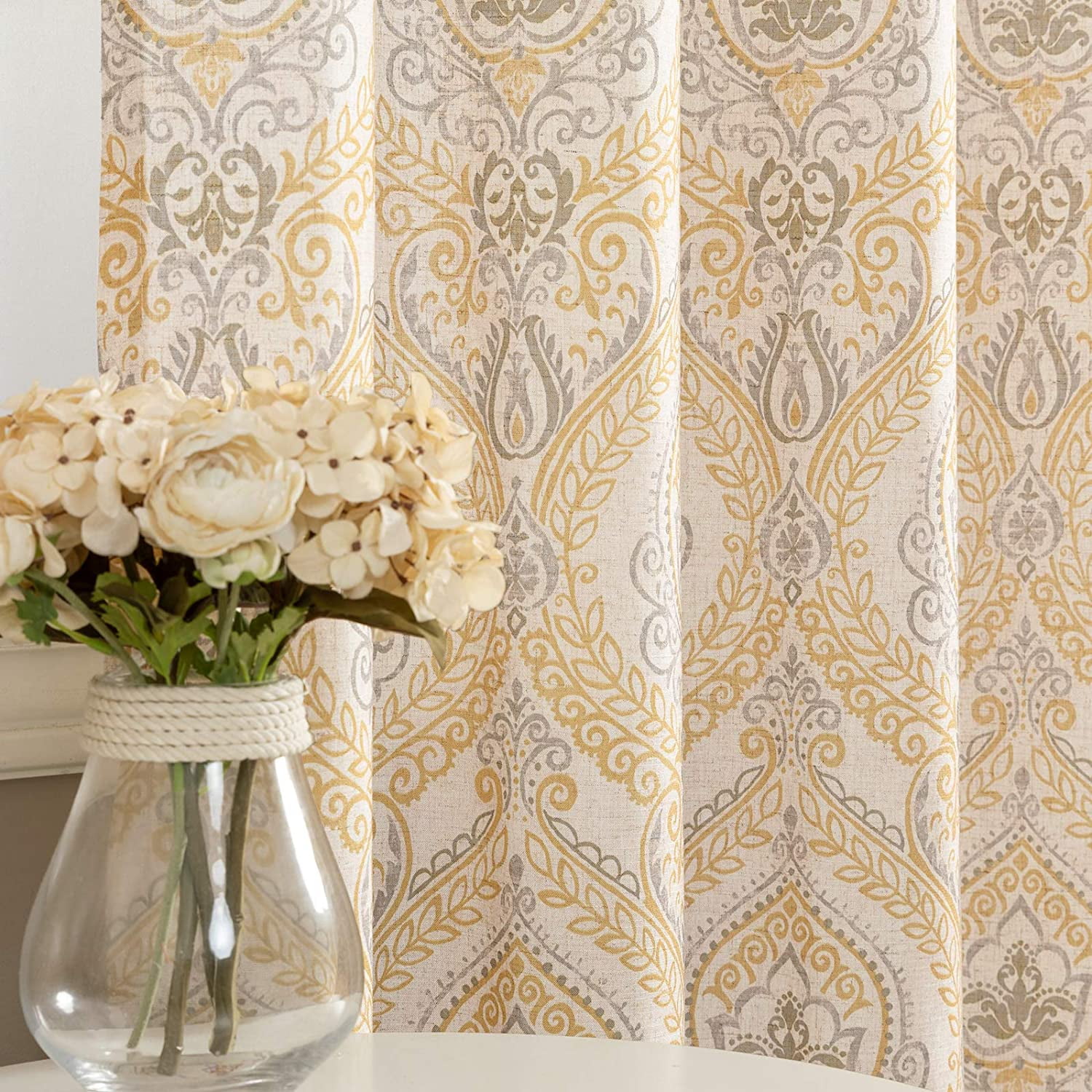Curtainking Linen Curtains for Living Room 63 inch Medallion Damask ...