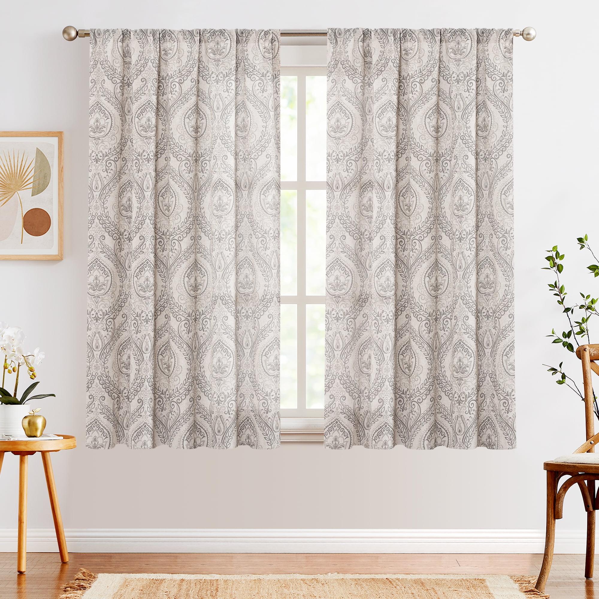 Curtainking Linen Curtains for Living Room 63 inch Medallion Damask ...