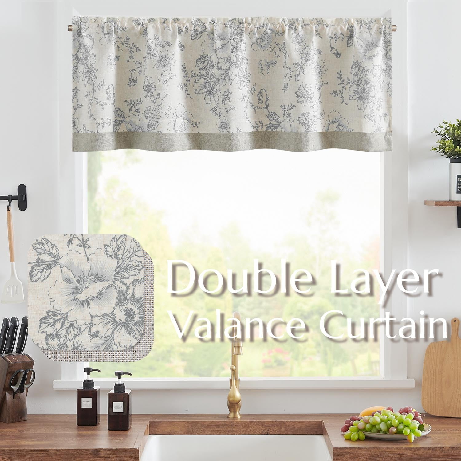 Curtainking Linen Floral Valance Double Layer Kitchen Window Treatment ...