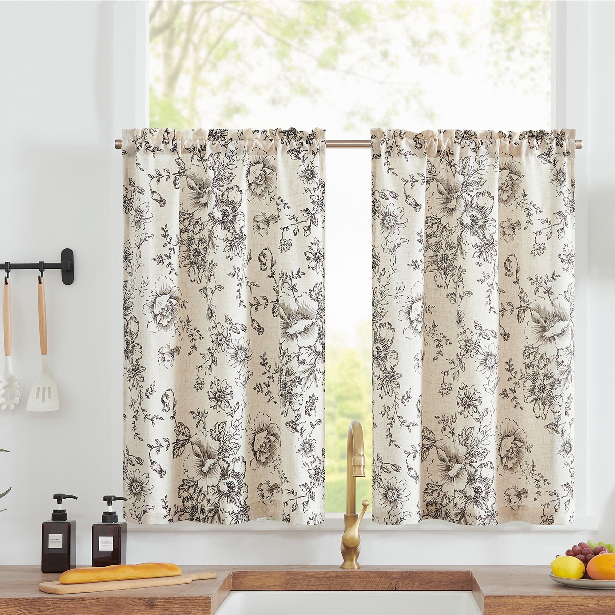 Curtainking Linen Kitchen Curtains Floral Cafe Curtains 26x36 inch ...