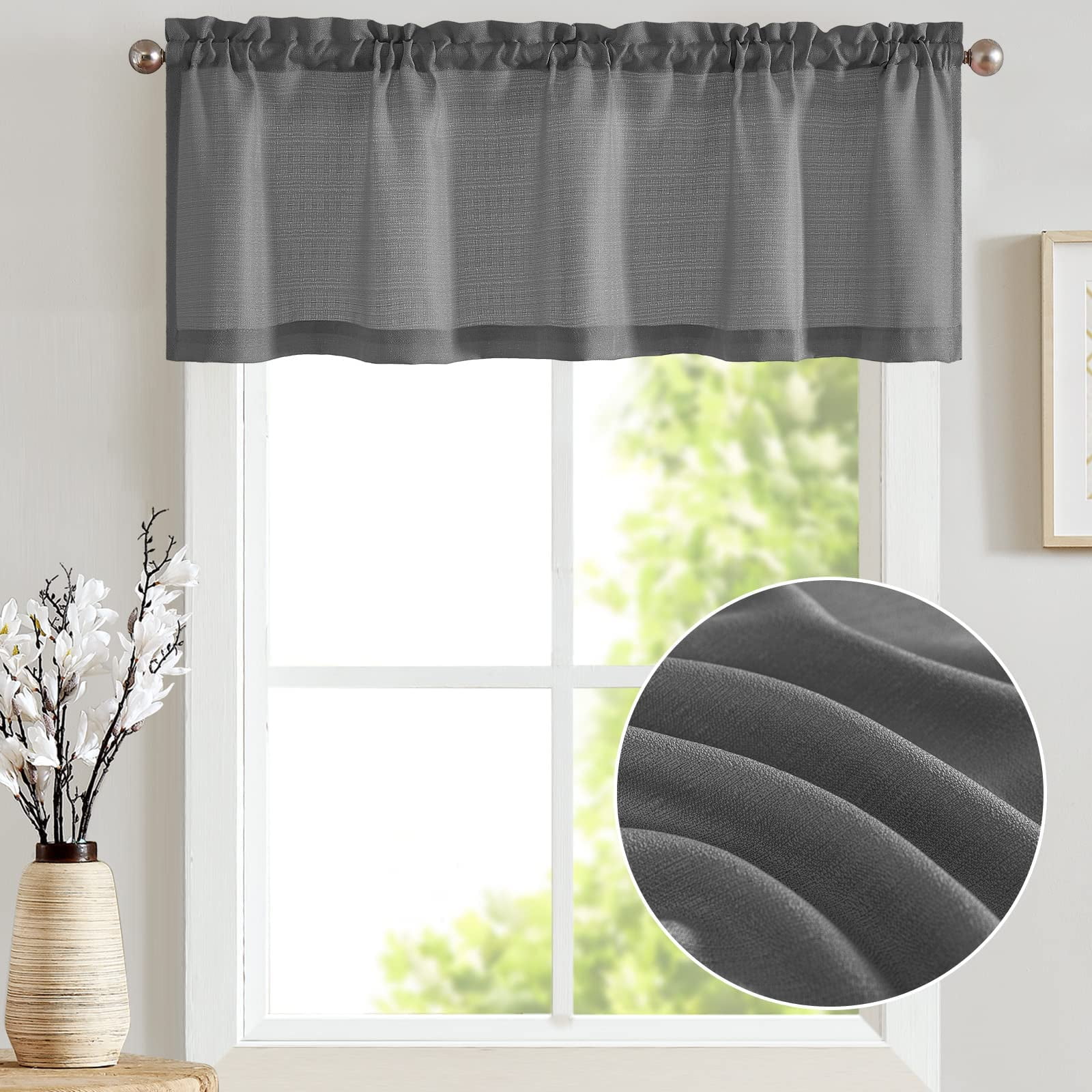 Curtainking Grey Rod Pocket Kitchen Valance Semi Sheer Window Topper ...