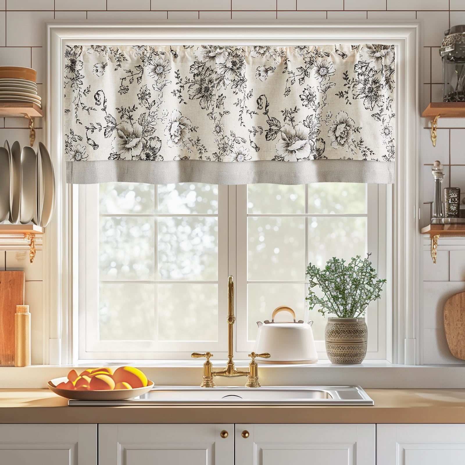 Curtainking Linen Valance Farmhouse Floral Curtain Double Layer 50x16 ...