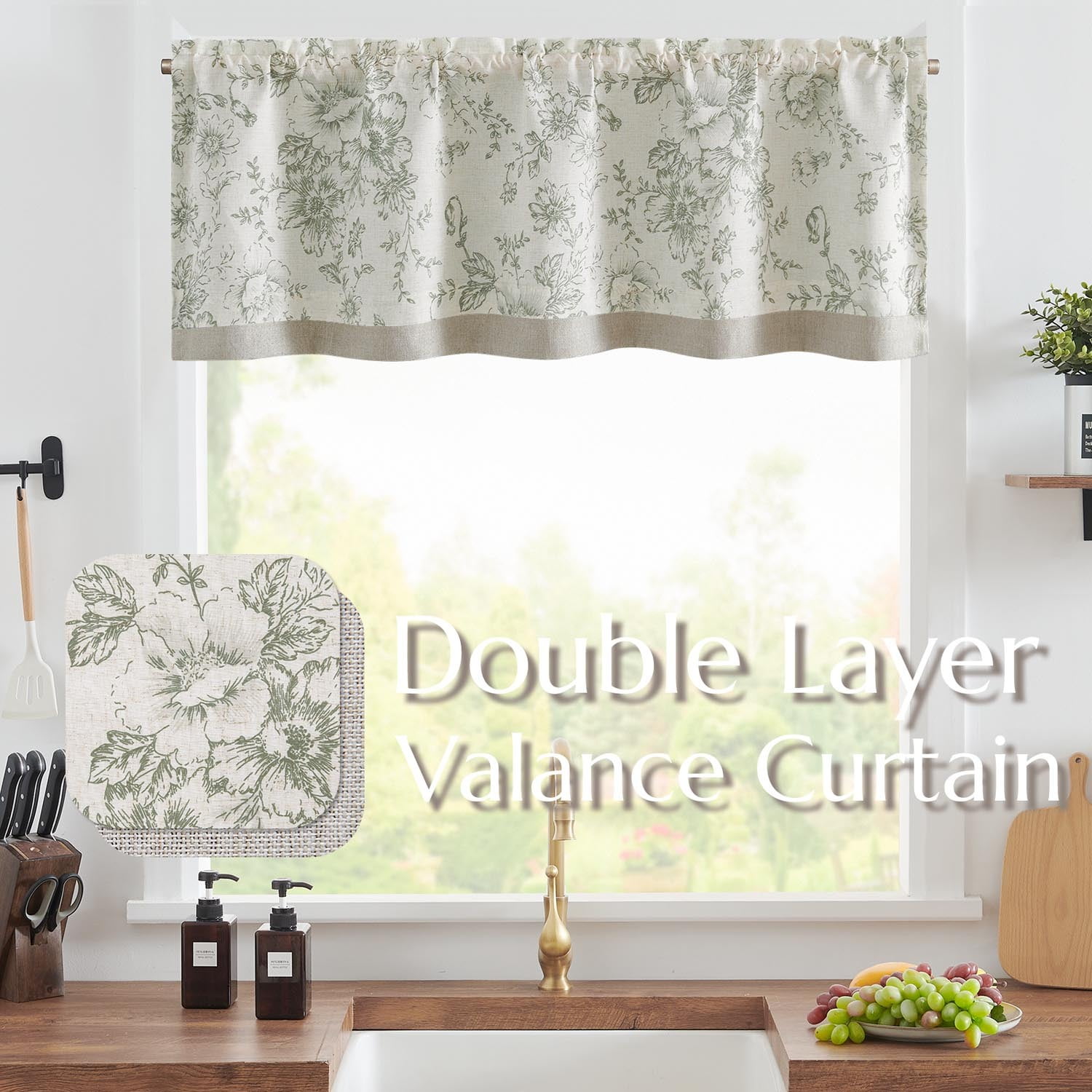 Curtainking Rod Pocket Linen Valance Farmhouse Floral Double Layer ...