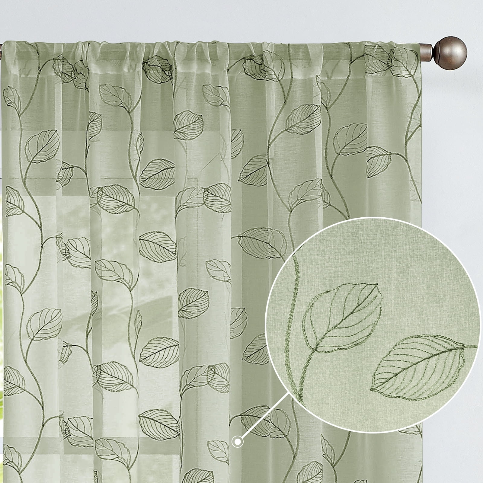Curtainking Sheer Curtains for Living Room Embroidered Leaf Window ...