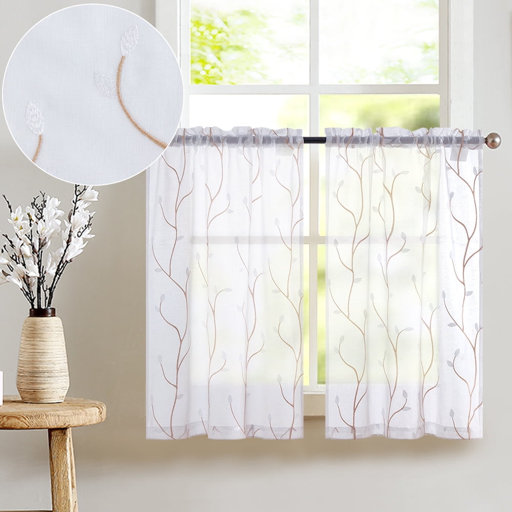 Curtainking Sheer Kitchen Curtains 26x24 inch Floral Embroidered Tiers ...