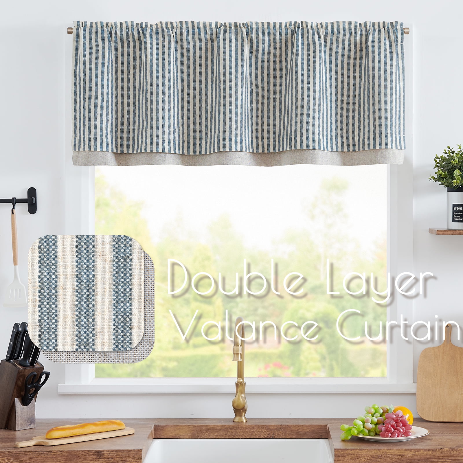 Curtainking Rustic Style Striped Double Layer Kitchen Valance, 50x16 ...