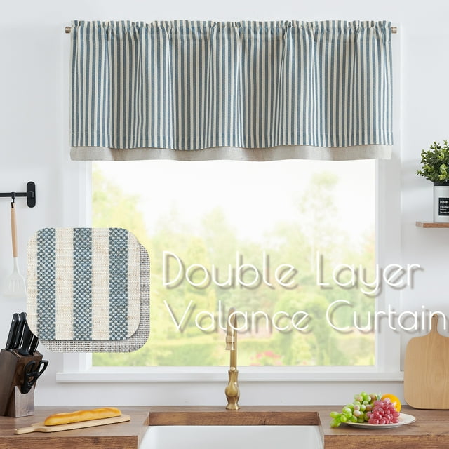 Curtainking Rustic Style Striped Double Layer Kitchen Valance, 50x16 ...