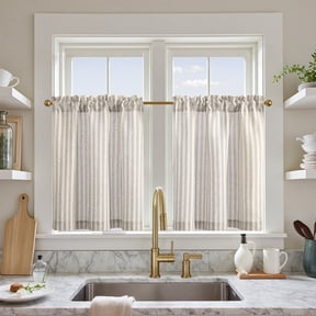 Curtainking Linen Tier Curtains 26x24 inch Striped Farmhouse Semi-Sheer ...