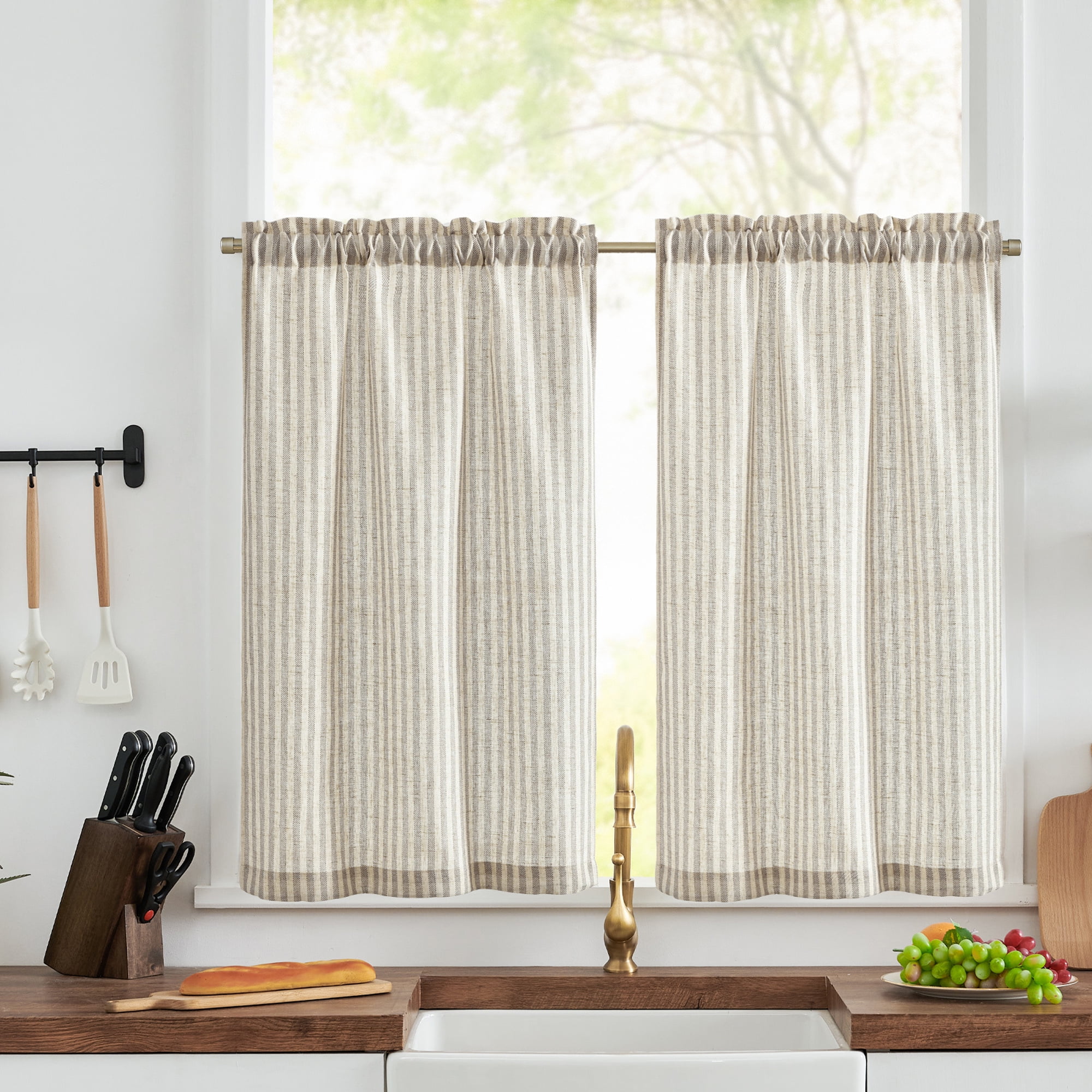 Curtainking Kitchen Curtains, Striped Linen Semi-Sheer, Farmhouse, Rod ...