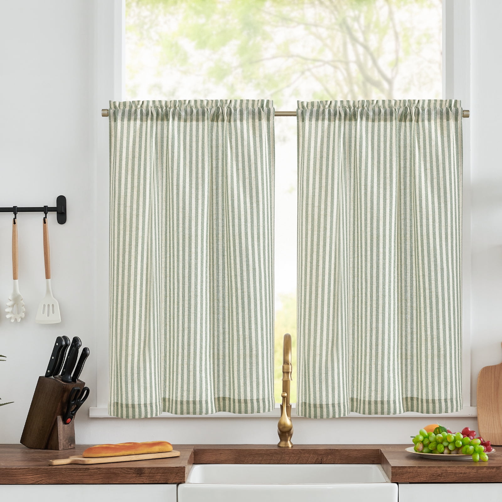 Curtainking 36in Striped Linen Kitchen Curtains Set, Semi-Sheer, Rod ...