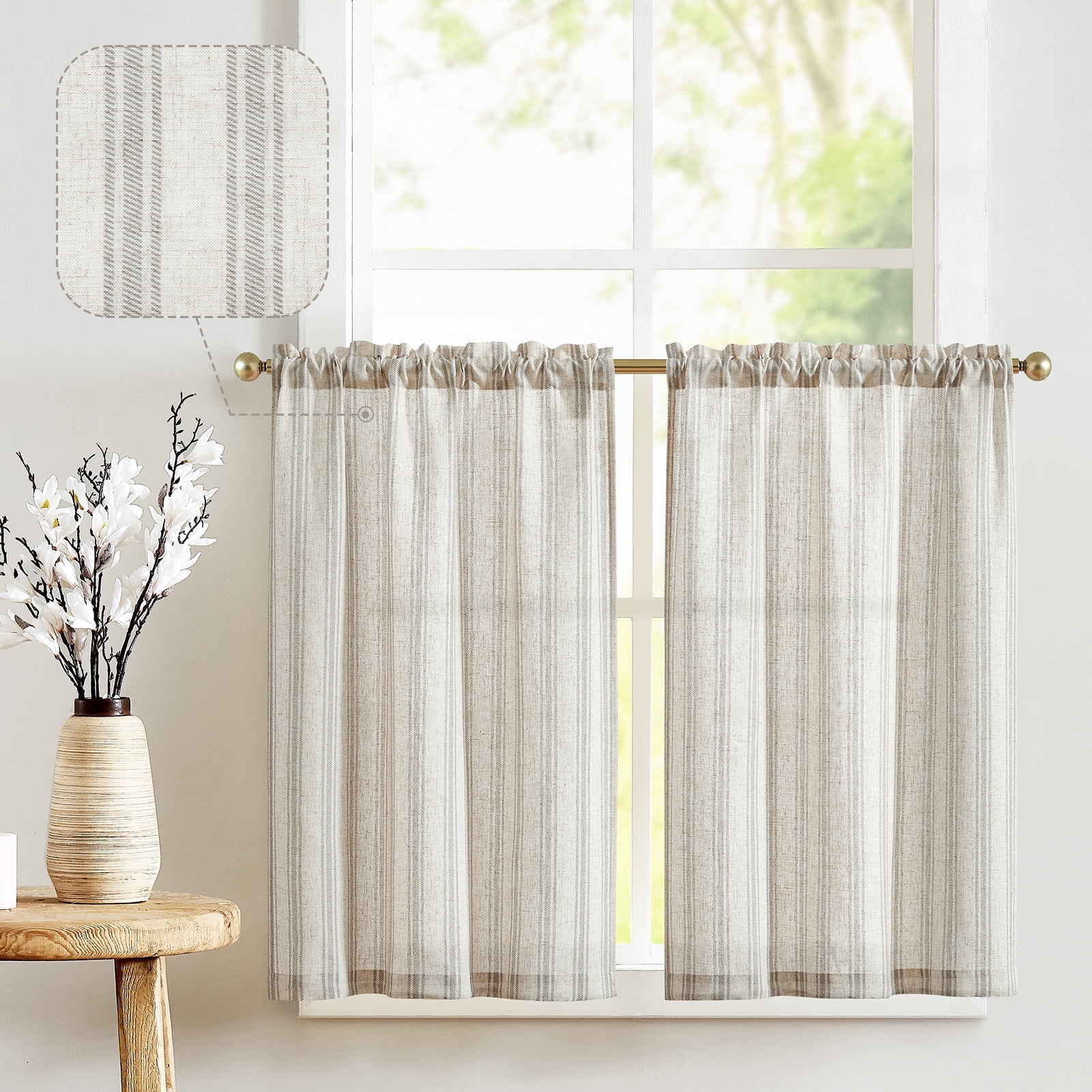 Curtainking Striped Semi-Sheer Kitchen Curtains, Linen Cafe Tier, 26x24 ...