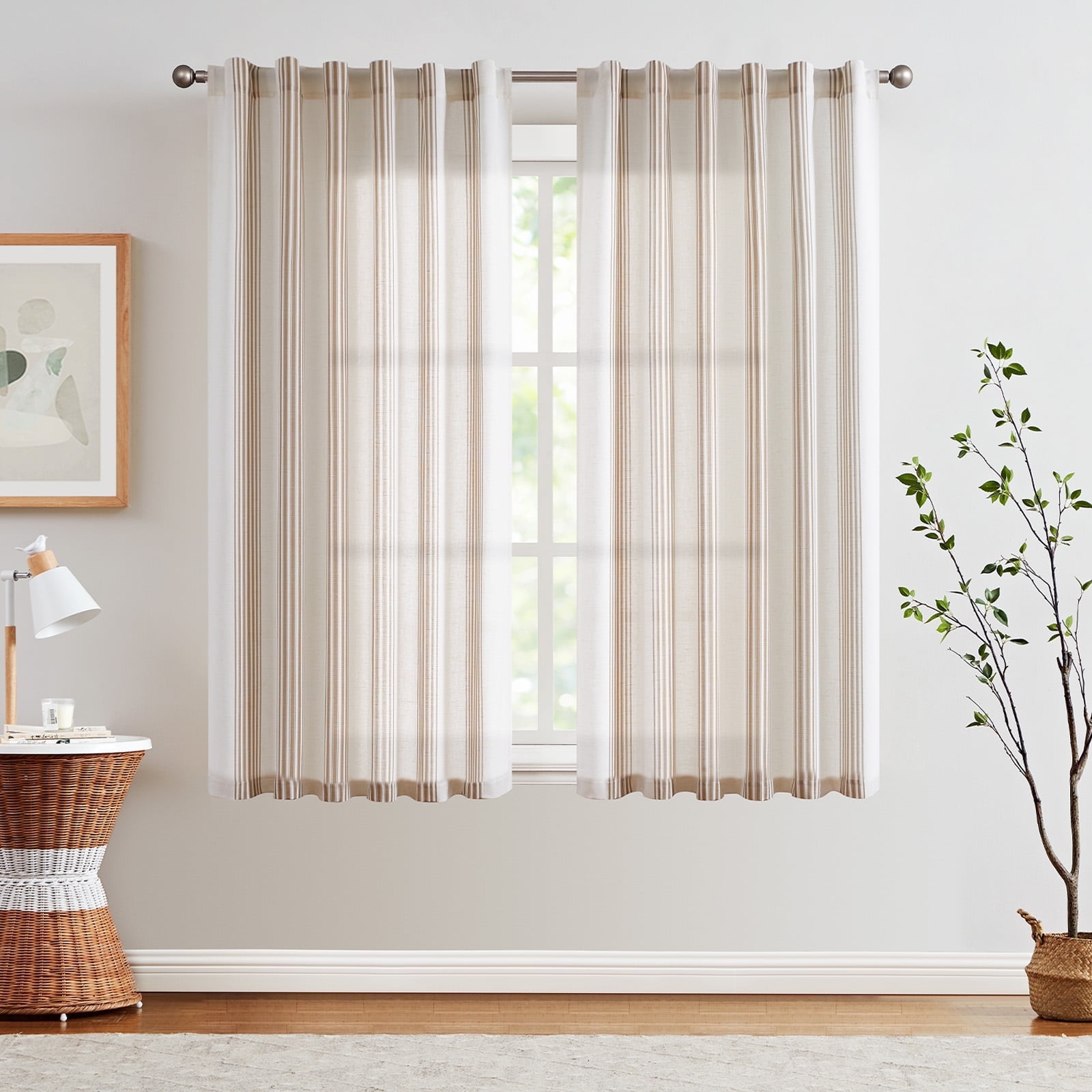 Curtainking Striped Linen Curtains 63 Inch Taupe Farmhouse Rustic ...