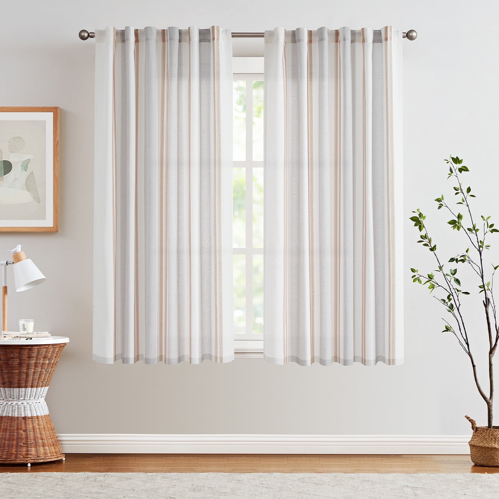 Curtainking Striped Linen Curtains, 63 Inch Taupe Farmhouse Rustic ...