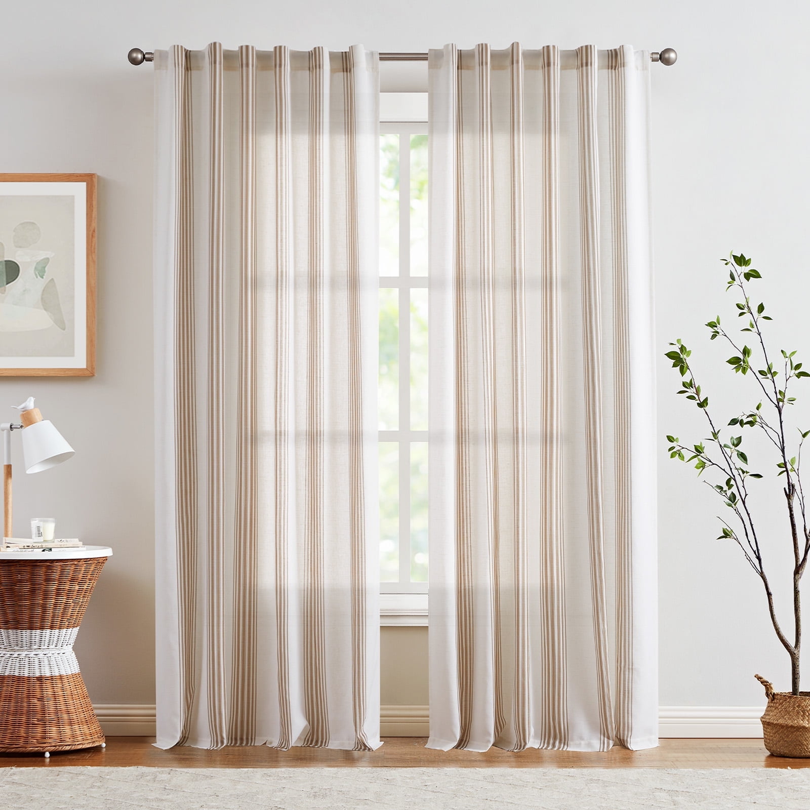 Curtainking Striped Linen Curtains, 84 Inch Taupe, Semi Sheer, Light ...