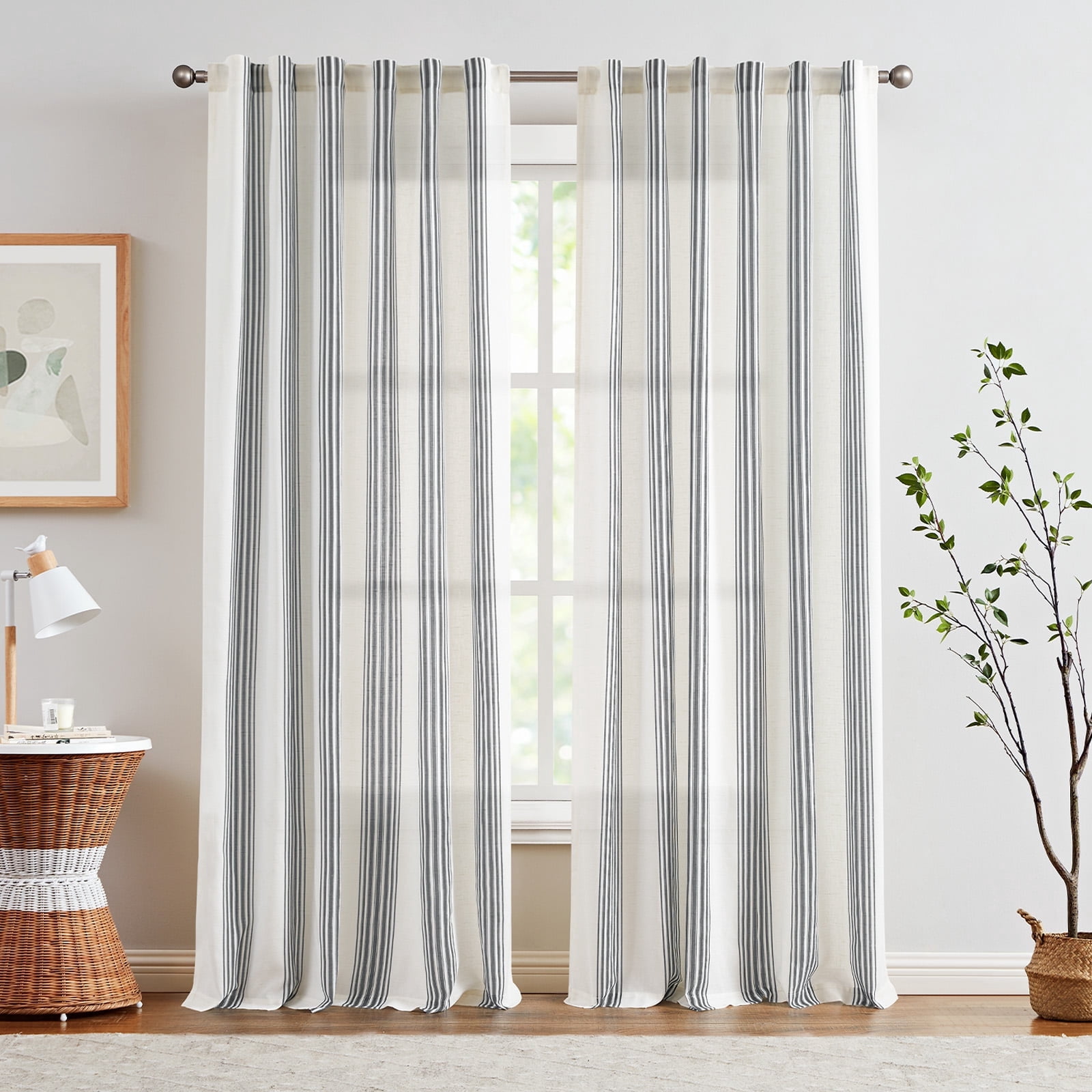Curtainking Striped Linen Curtains 96 Inch Black Farmhouse Rustic ...