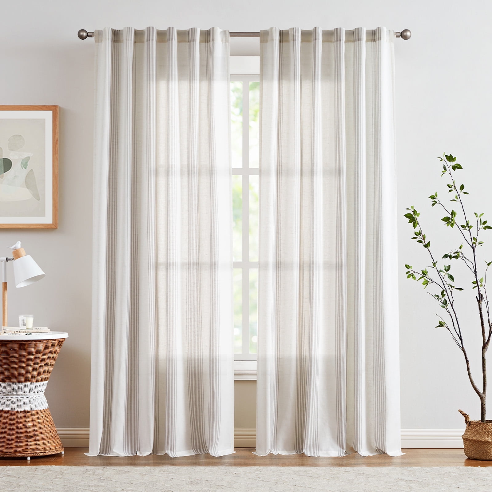 Free Shipping Curtainking Striped Linen Curtains 96 Inch Gray Farmhouse Rustic Curtains for Living Room Semi Sheer Back Tab Light Filtering Coastal Drapes for Bedroom Window Curtain 2 Panels Walmart.c...